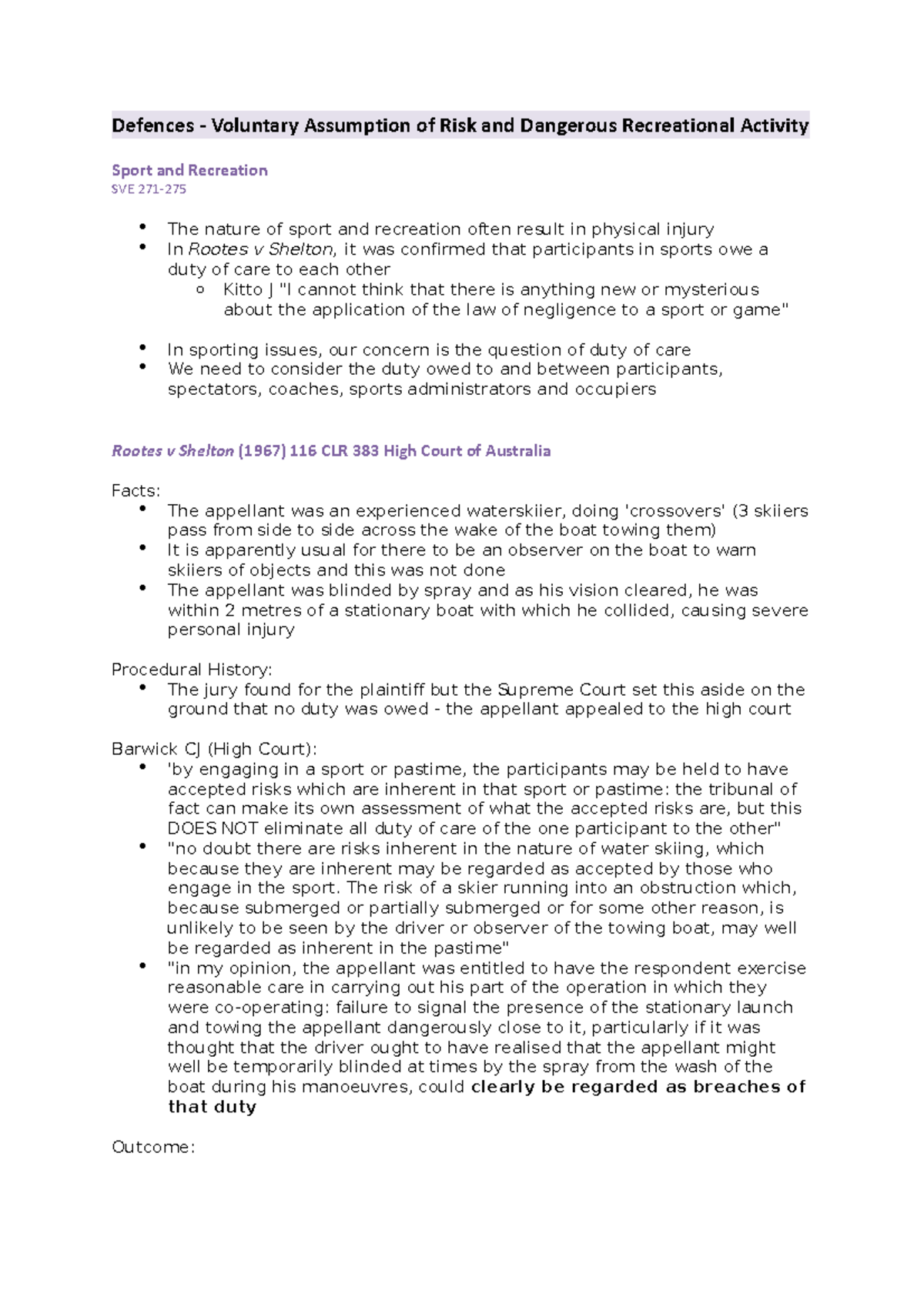 Reading Notes - Week 8 Class 1 - Defences - Voluntary Assumption of ...