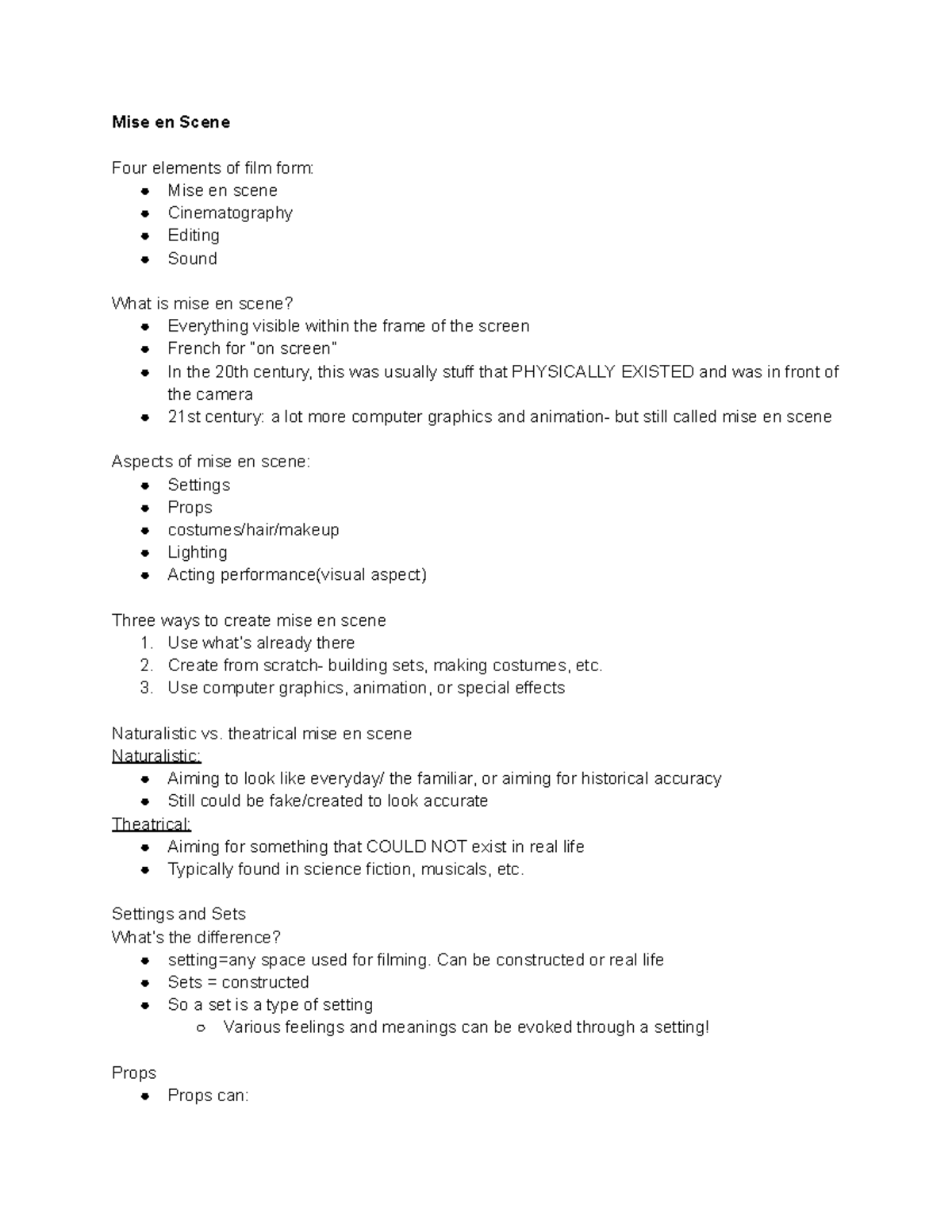 Film History- Mise en Scene - Mise en Scene Four elements of film form ...