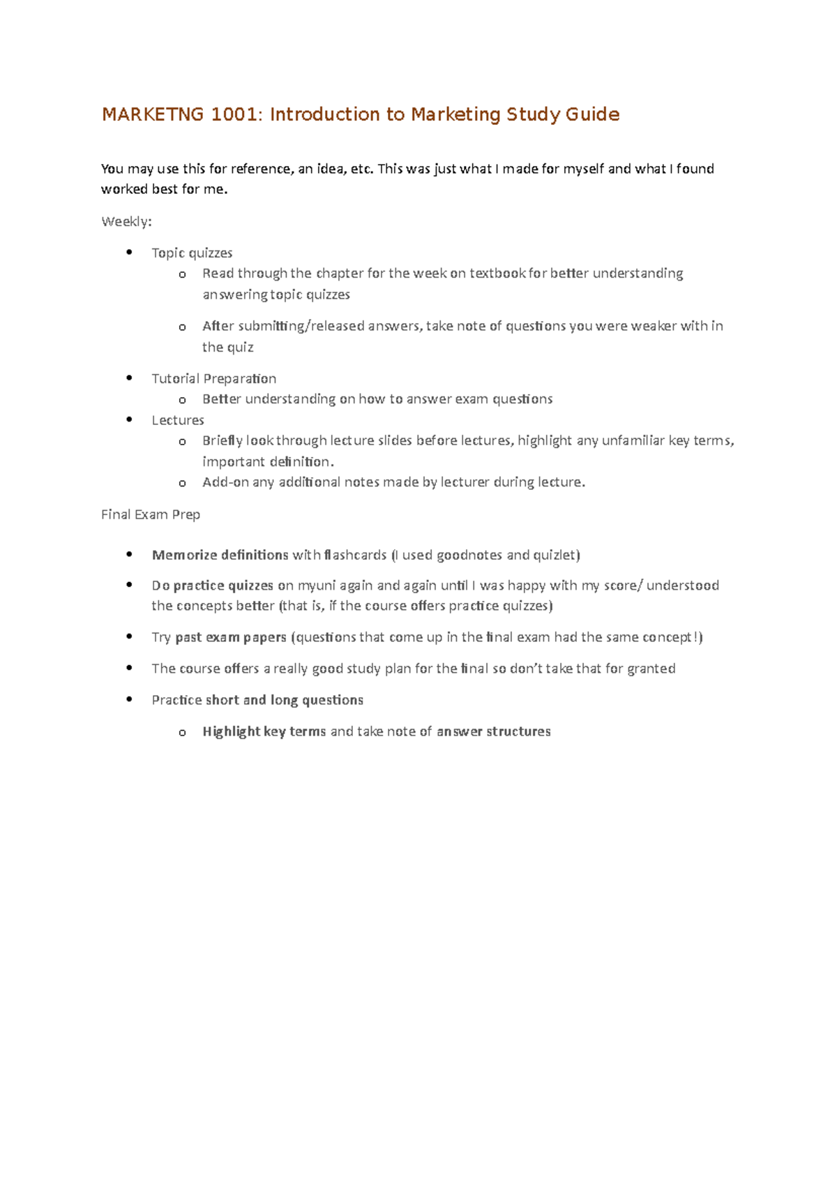 Marketng 1001 Study Guide - MARKETNG 1001: Introduction to Marketing ...