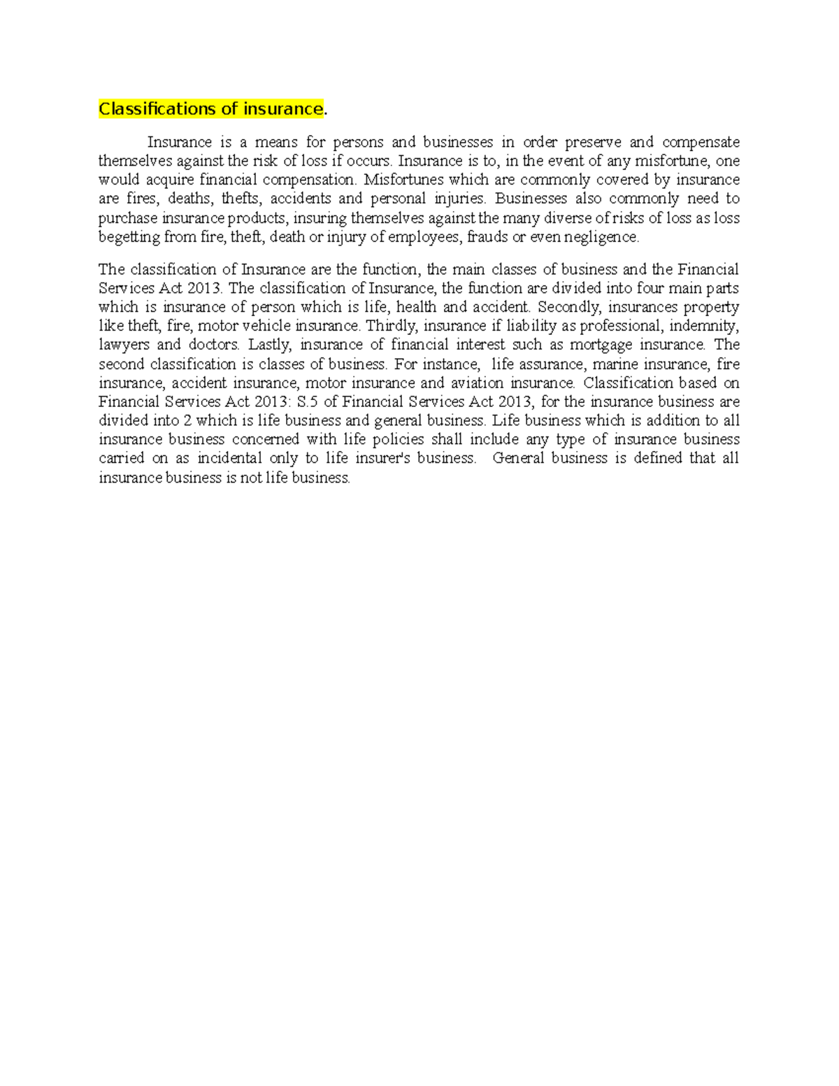 introduction to commercial law - Classifications of insurance ...