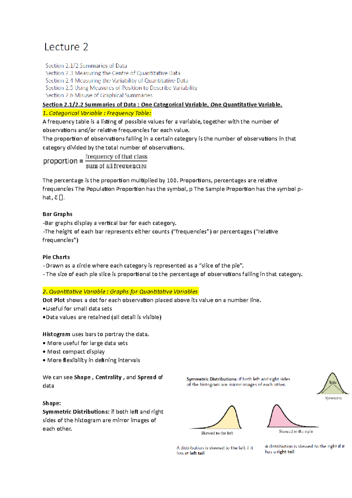 Lecture 2 1-03-21 - Section 2.1/2 Summaries of Data : One Categorical ...