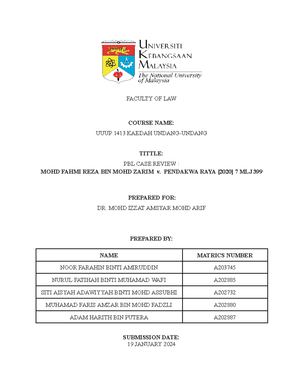 Case Review Kaedah Undang Undang Faculty Of Law Course Name Uuup