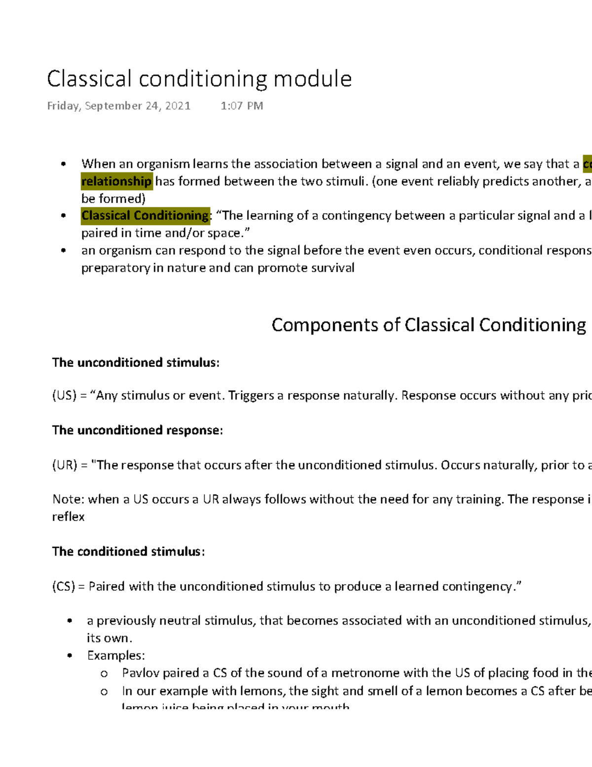 Classical conditioning module notes prerecorded - When an organism ...