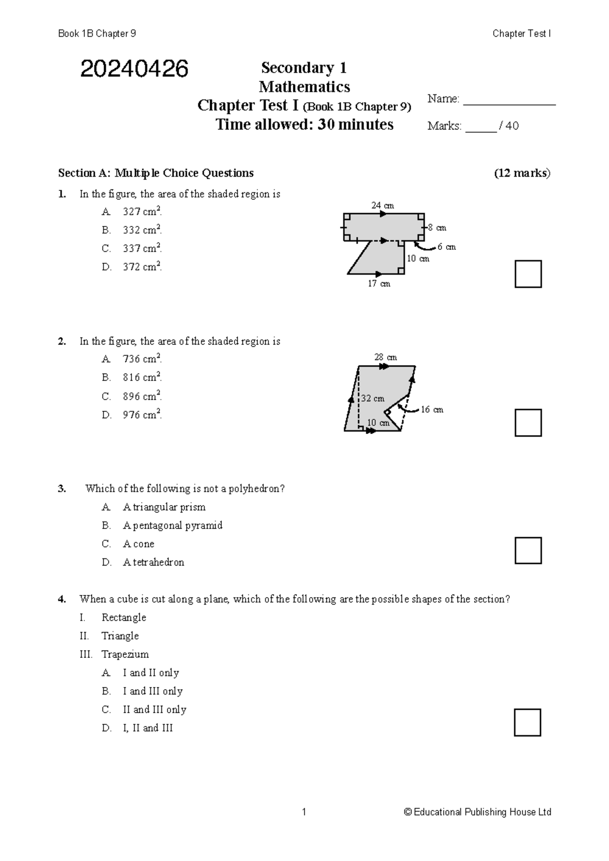20240426 Area - Self madeworksheet - Book 1 B Chapter 9 Chapter Test I ...