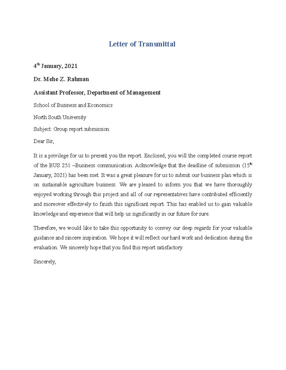 BUS-251-Project - fsd - Letter of Transmittal - Studocu