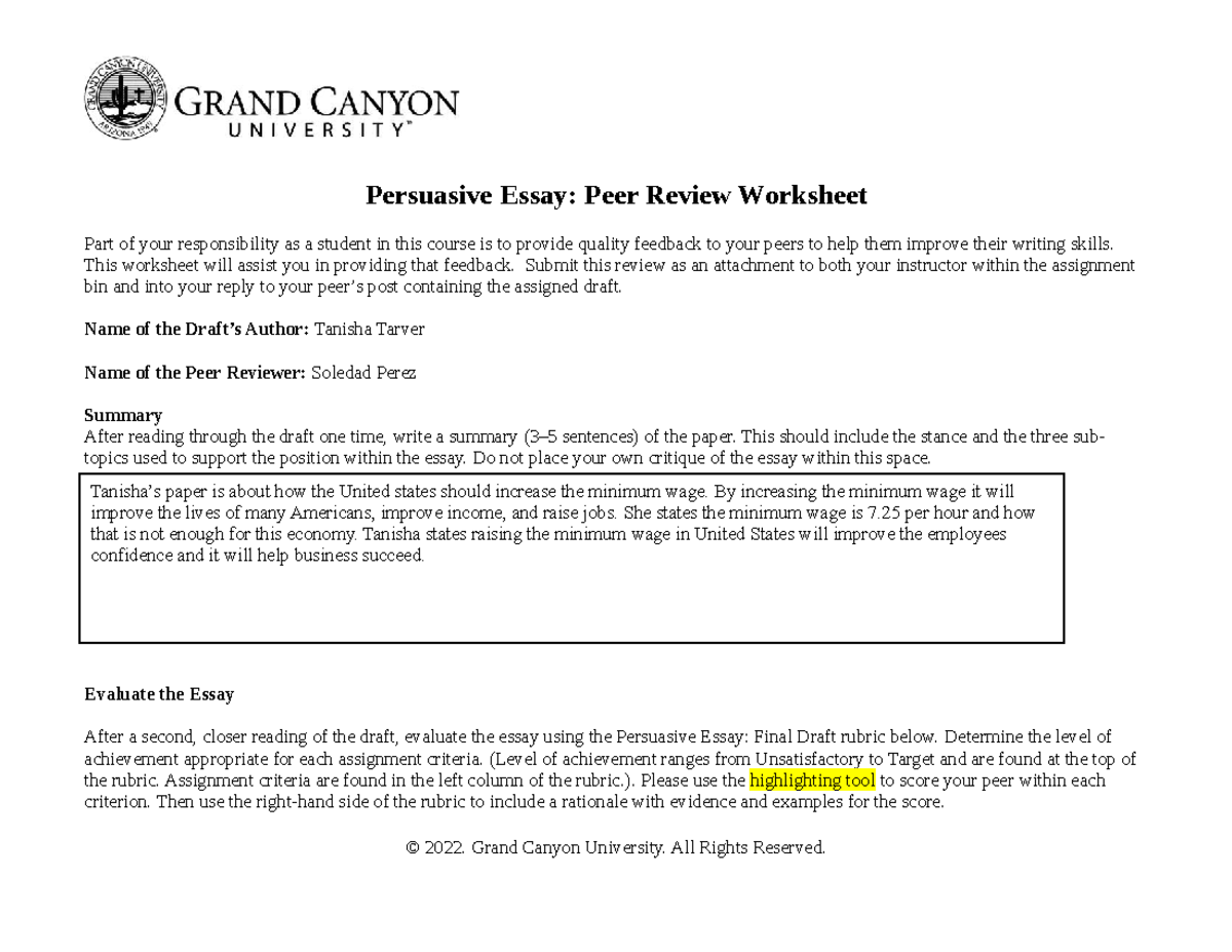 T-6 Peer Review Worksheet PHI105 (1) - Persuasive Essay: Peer Review ...