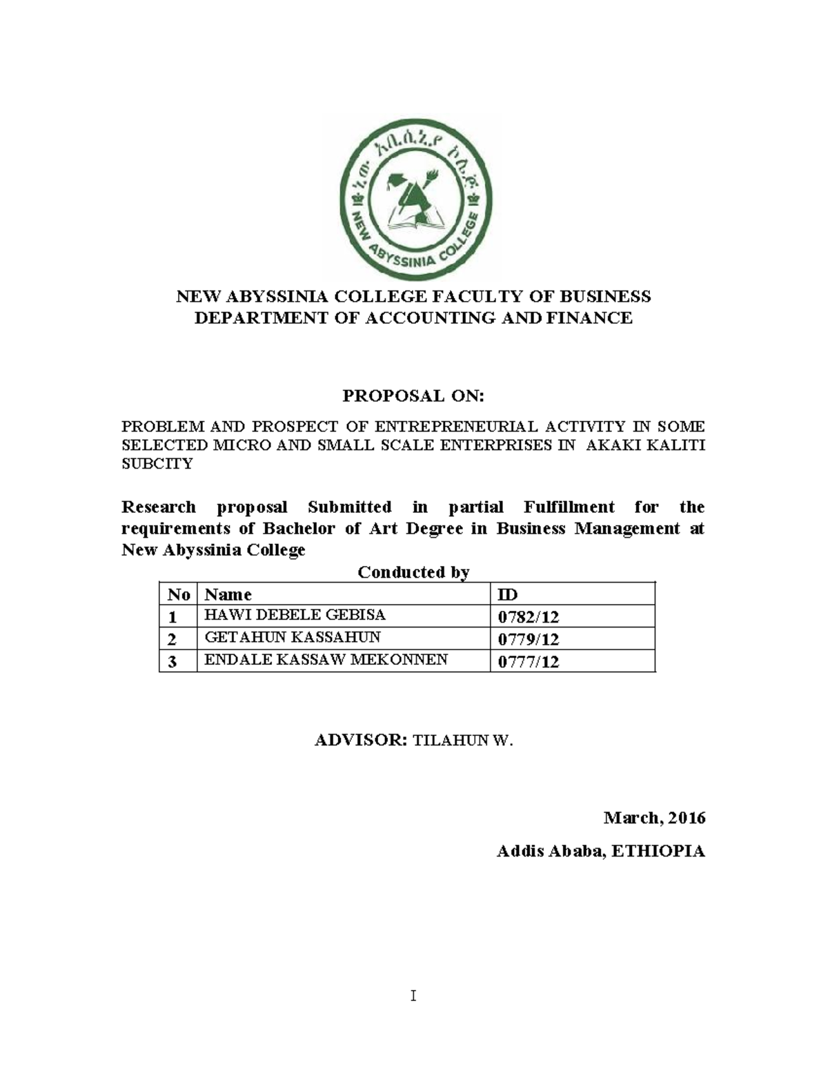 NEW Abyssinia College Faculty OF Business - NEW ABYSSINIA COLLEGE ...