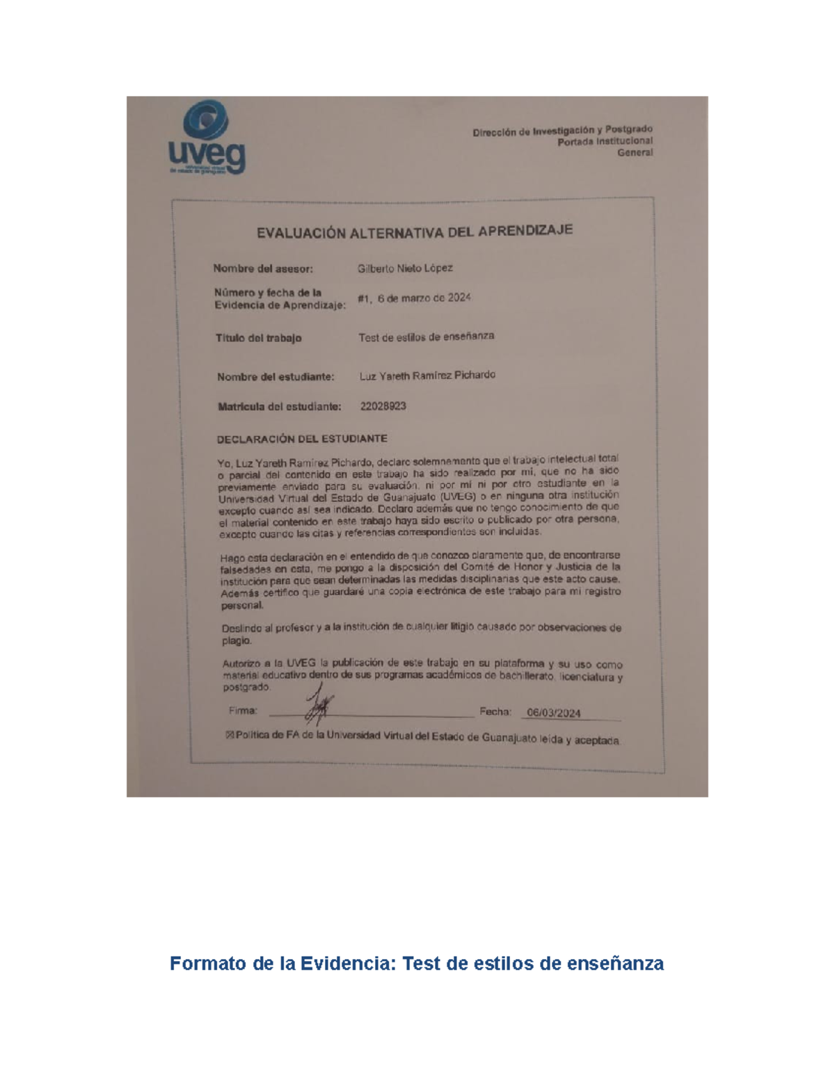 Ramírez Luz Yareth EA1 - Evidencia 1 - Formato de la Evidencia: Test de ...