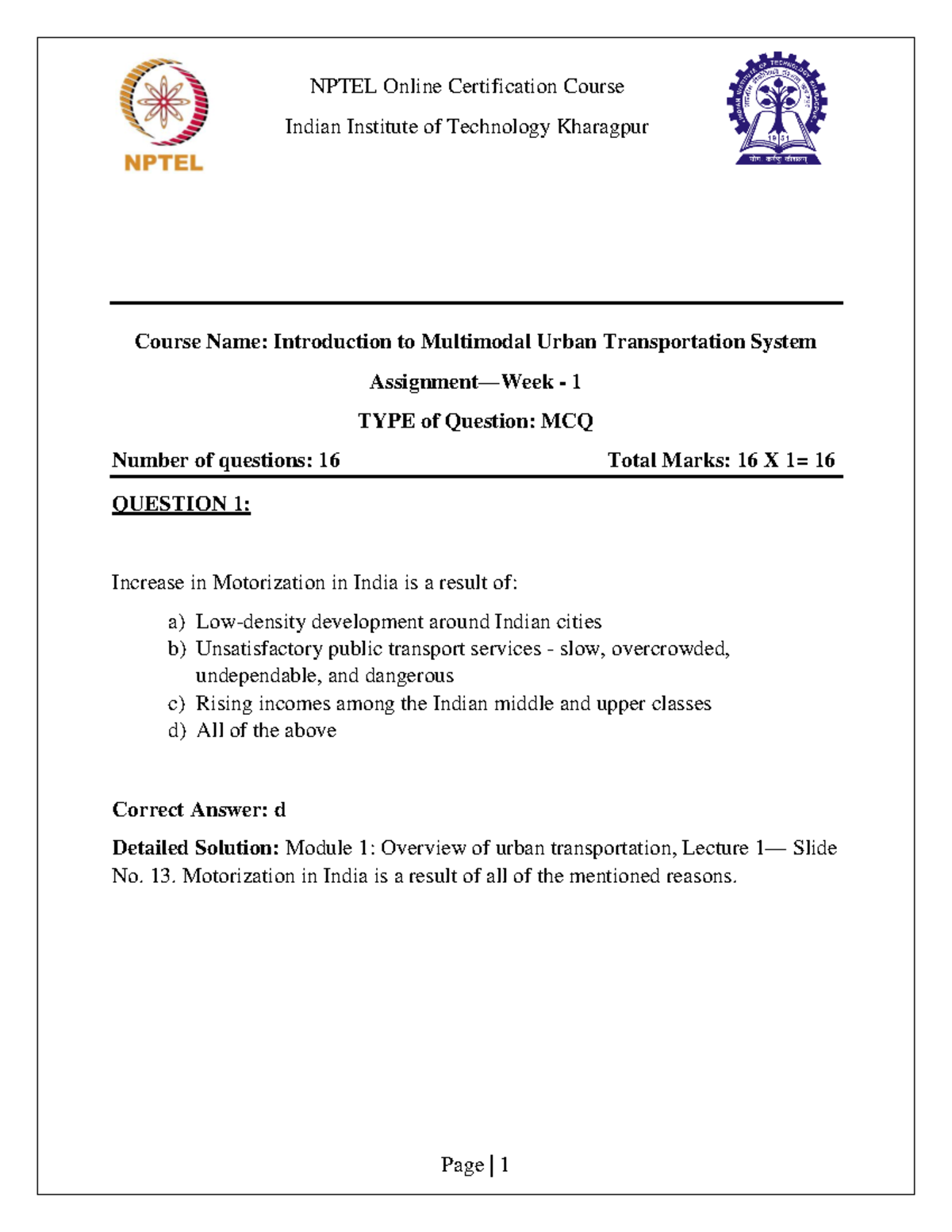 Assignments Week-1 JULY2022 - Indian Institute of Technology Kharagpur ...