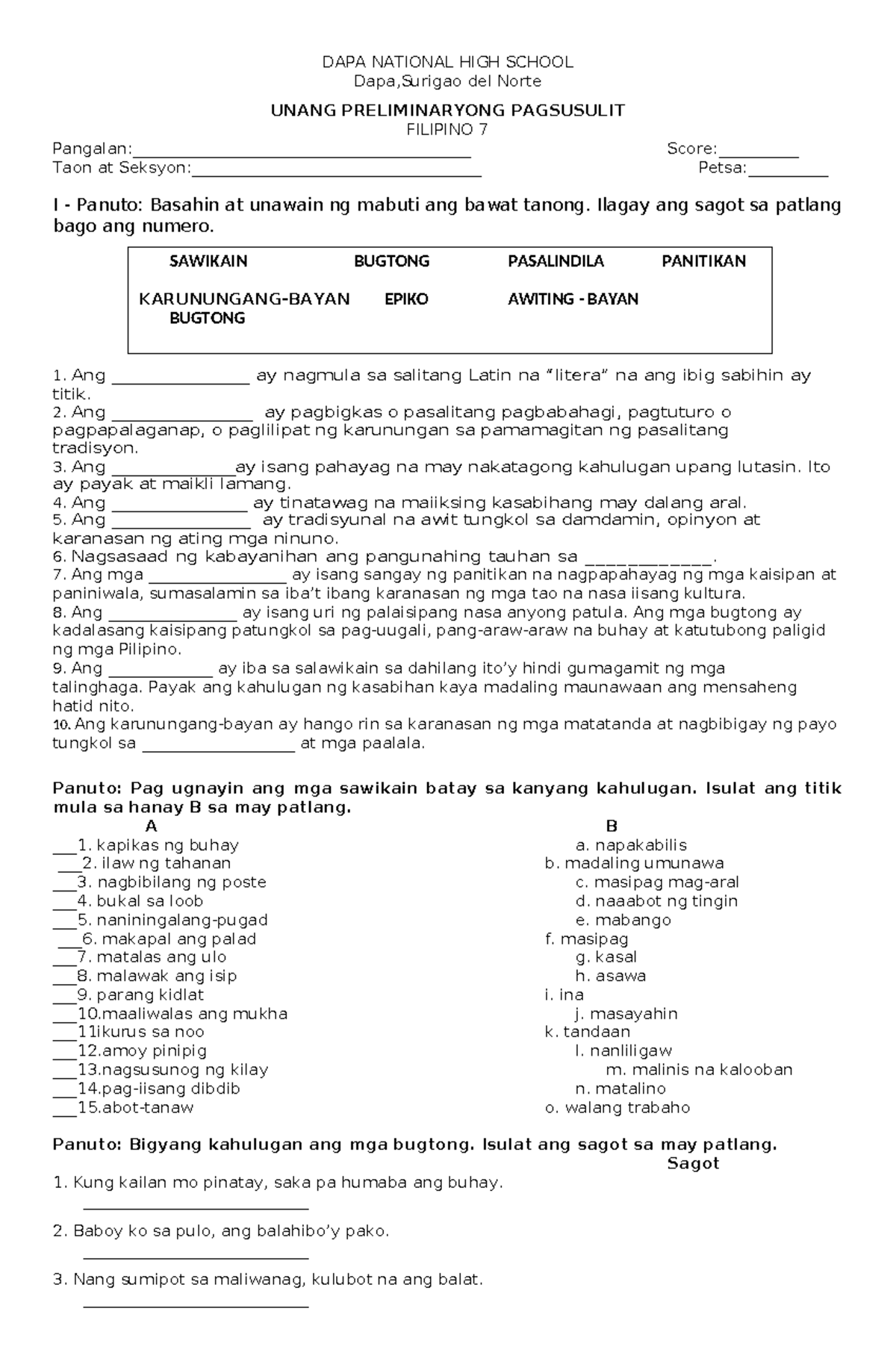 1st Prelim Exam Filipino 2024 - DAPA NATIONAL HIGH SCHOOL Dapa,Surigao ...