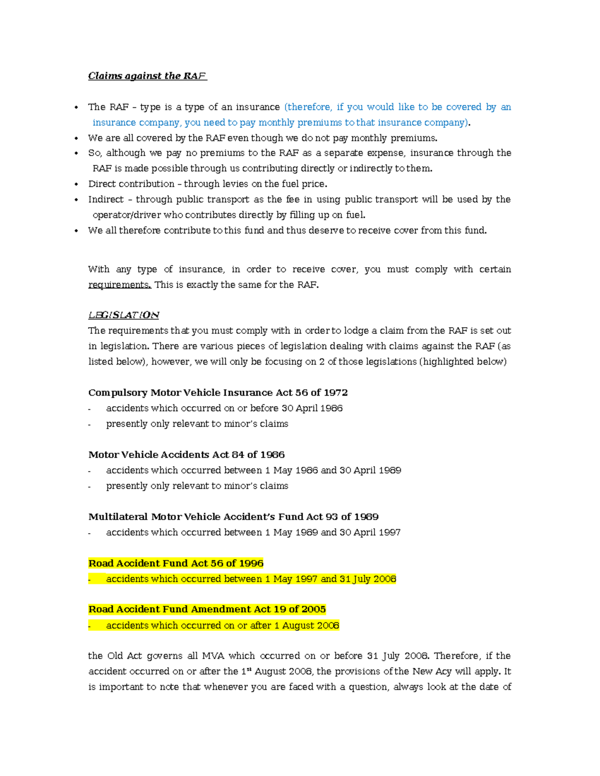 RAF notes - Claims against the RAF The RAF – type is a type of an ...