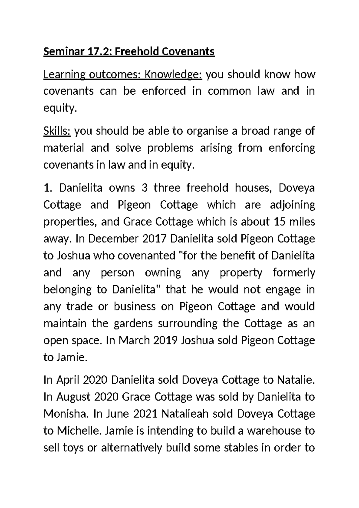 Land Law Seminar 17 - Land law - Seminar 17: Freehold Covenants ...