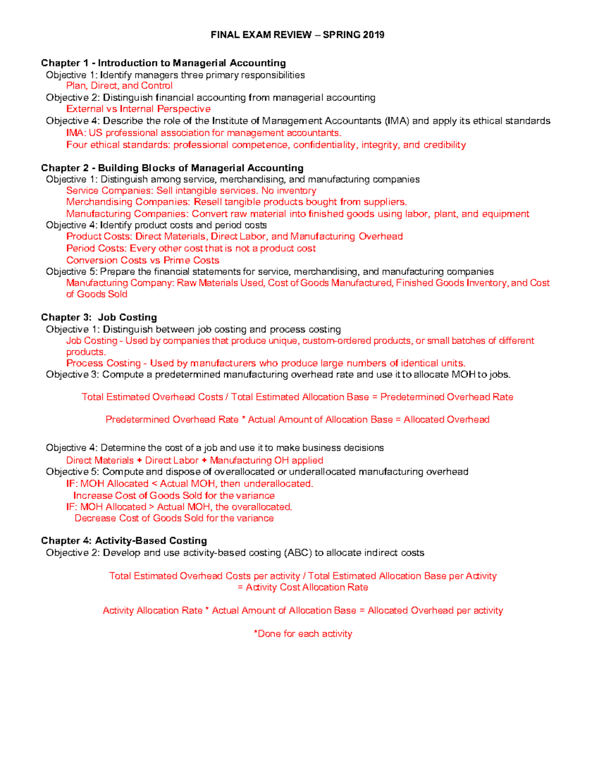 Final Exam Review - FINAL EXAM REVIEW – SPRING 2019 Chapter 1 ...