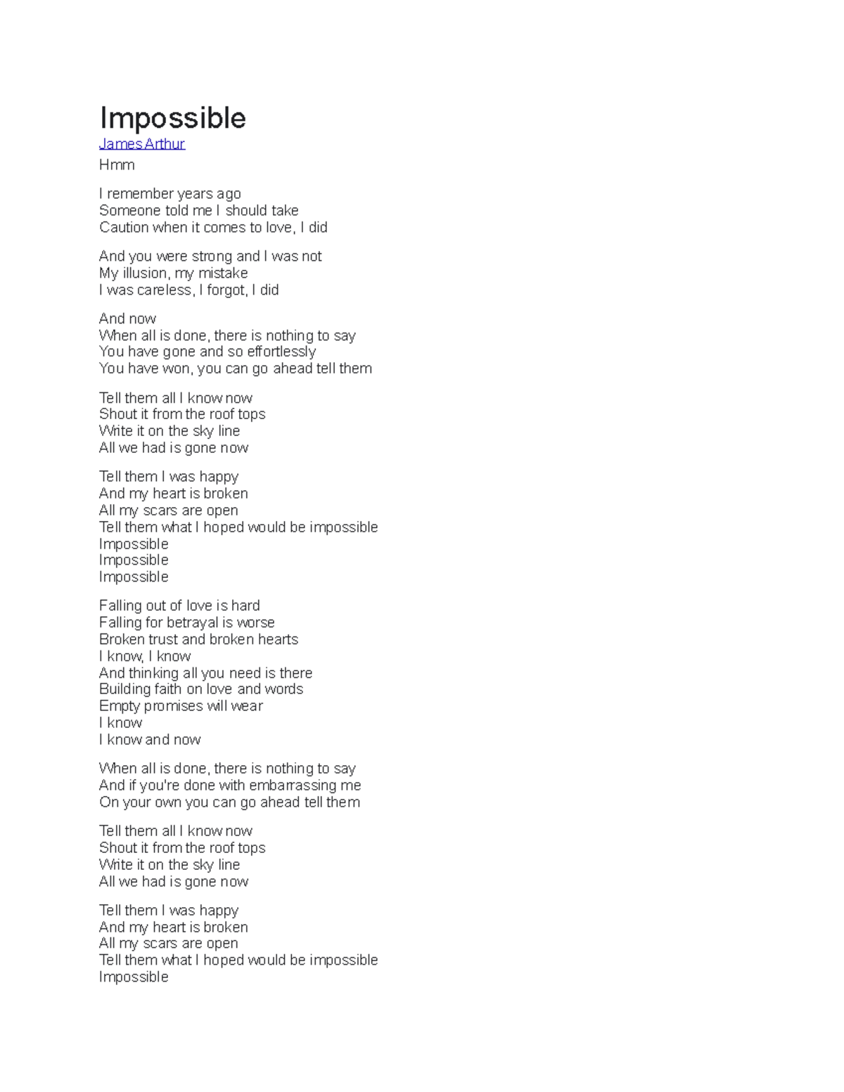 Lyrics impossible - fdzbxchvhhjjvjh jhvt vlj bjhvctyjchkv jb vycljbkb ...