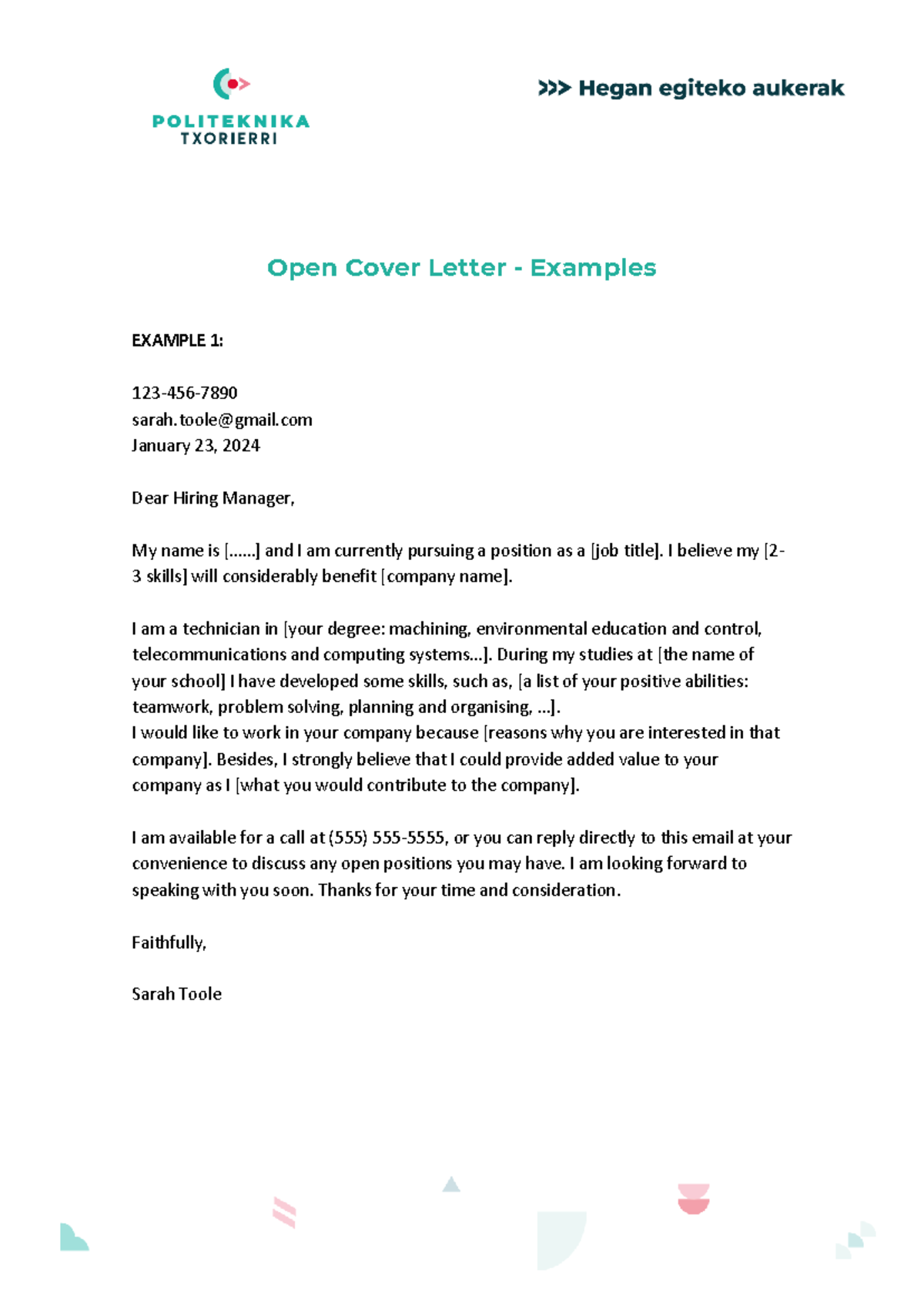 Open Cover Letter Examples - Open Cover Letter - Examples EXAMPLE 1: ...