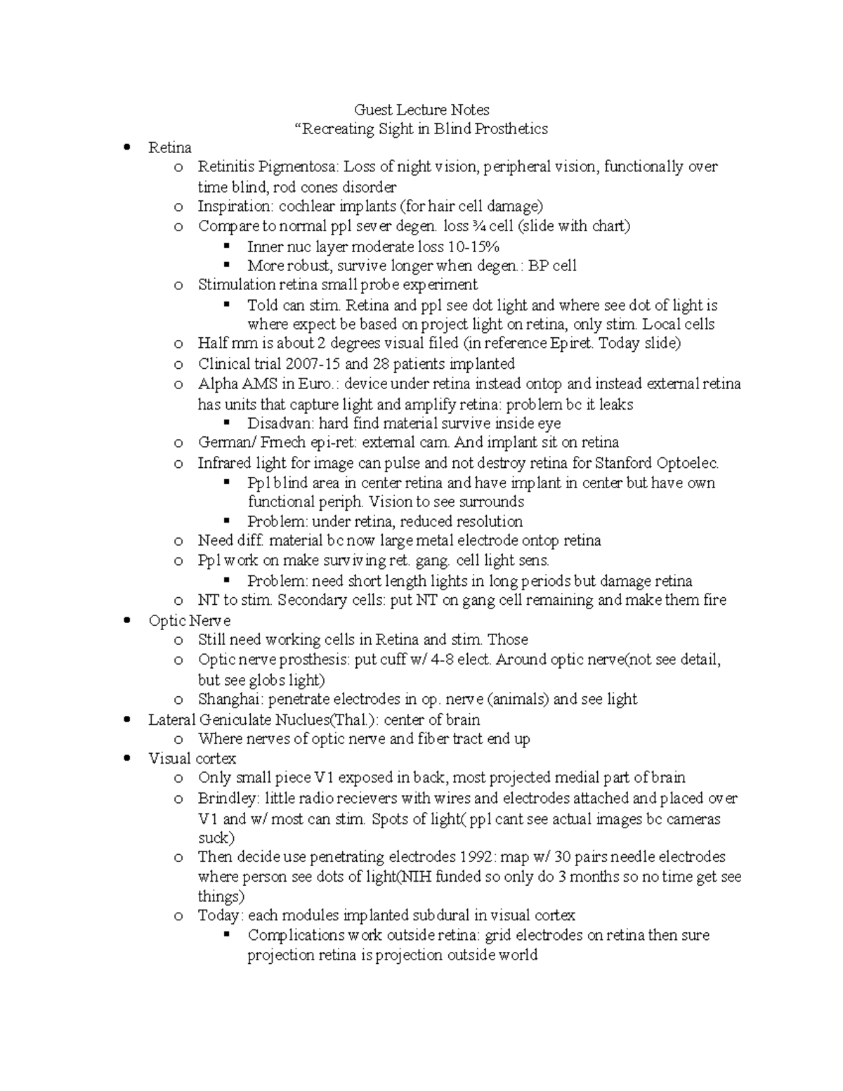 Guest Lecture Notes for Exam 1 - Guest Lecture Notes “Recreating Sight ...