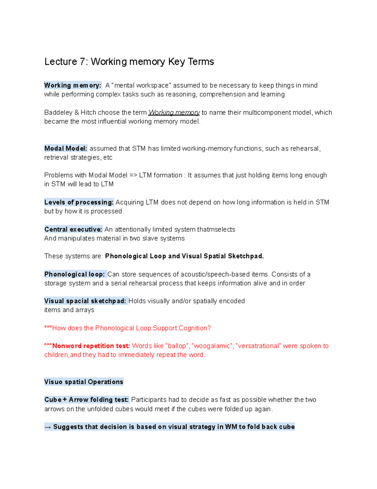 Lecture 7 Working memory Key Terms - Lecture 7: Working memory Key ...