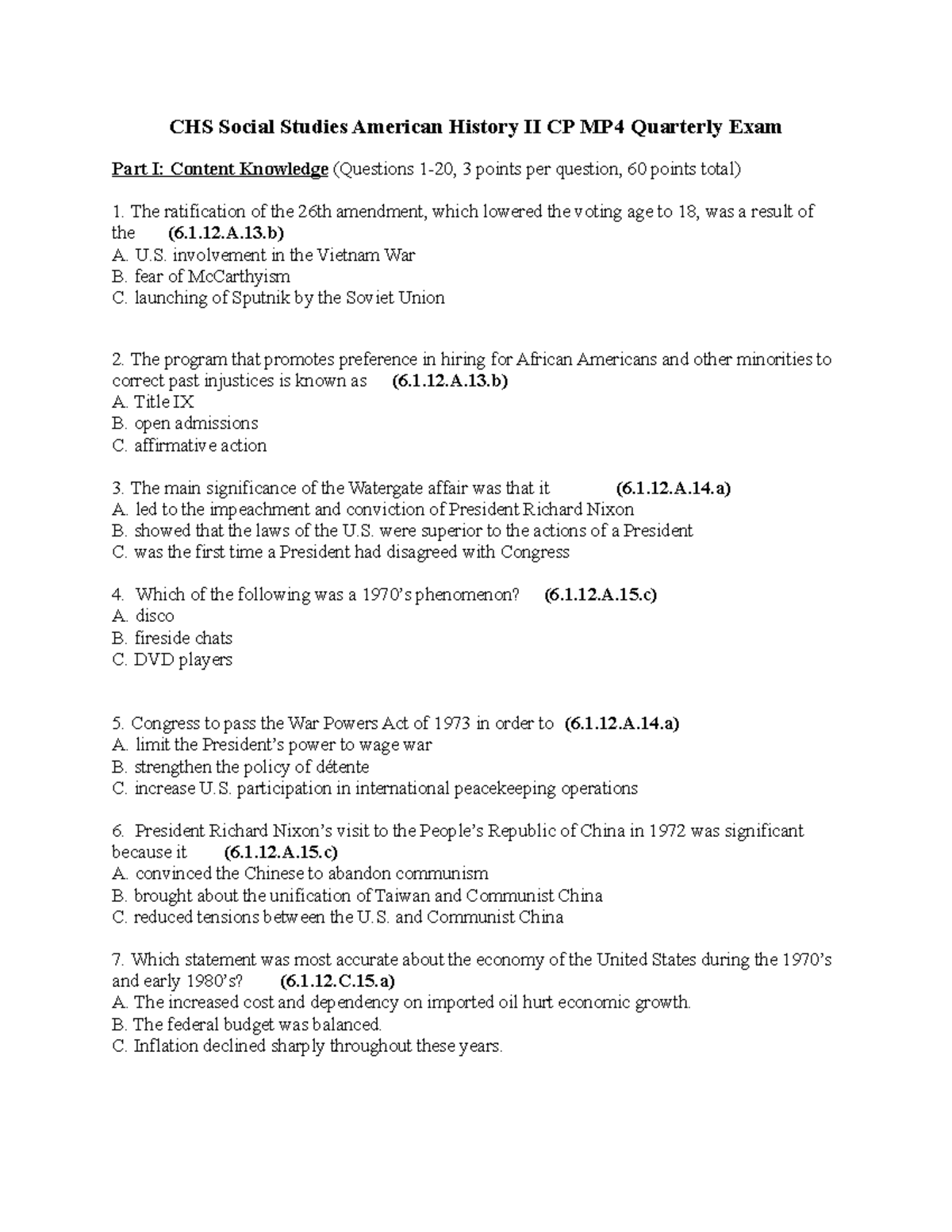 US II MP 4 QTR XAM - idk - CHS Social Studies American History II CP ...