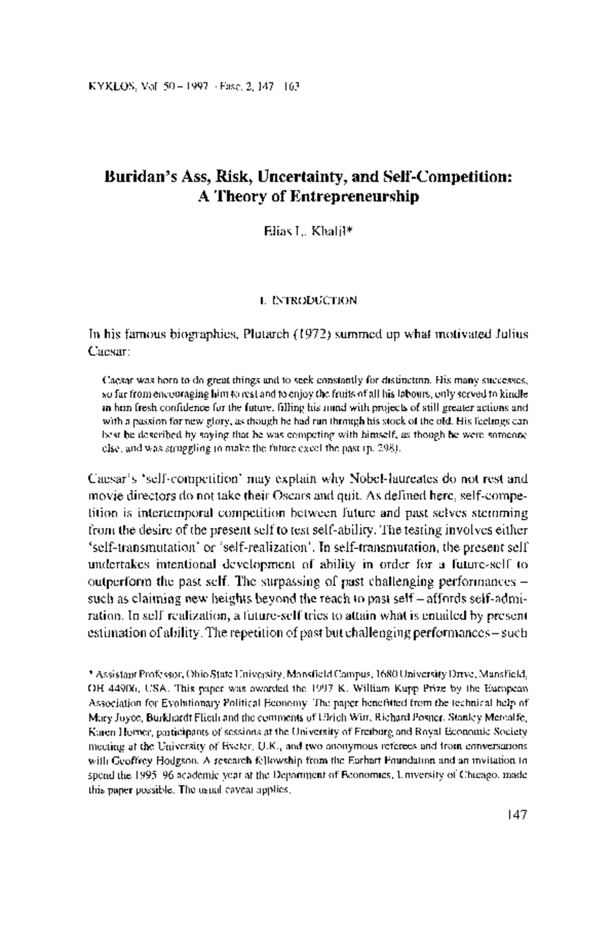 Buridans Ass Risk Uncertainty and Self C - KYKLOS, Vol. SO- 1997 ...