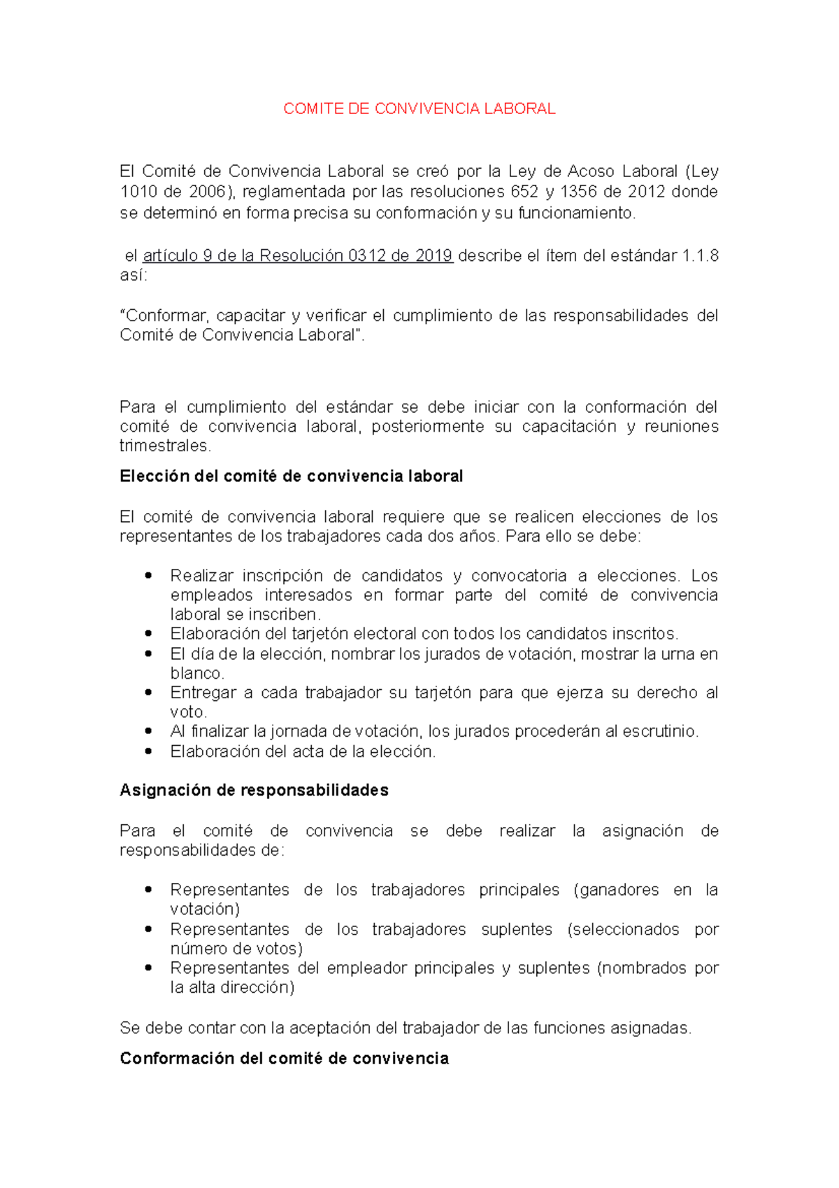 Comite DE Convivencia Laboral - COMITE DE CONVIVENCIA LABORAL El Comité ...