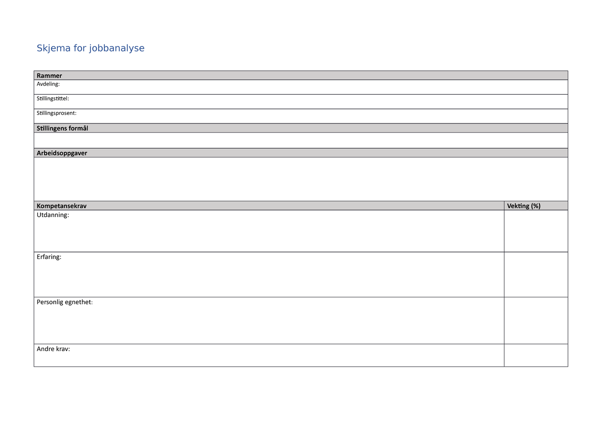 Skjema for jobbanalyse - mal på hva den skal inneholde - OOL1101 ...
