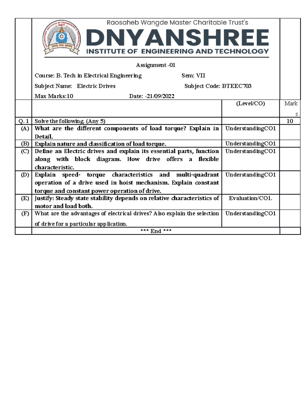 ED Assignment-01 - Question paper - Assignment - Course: B. Tech in ...