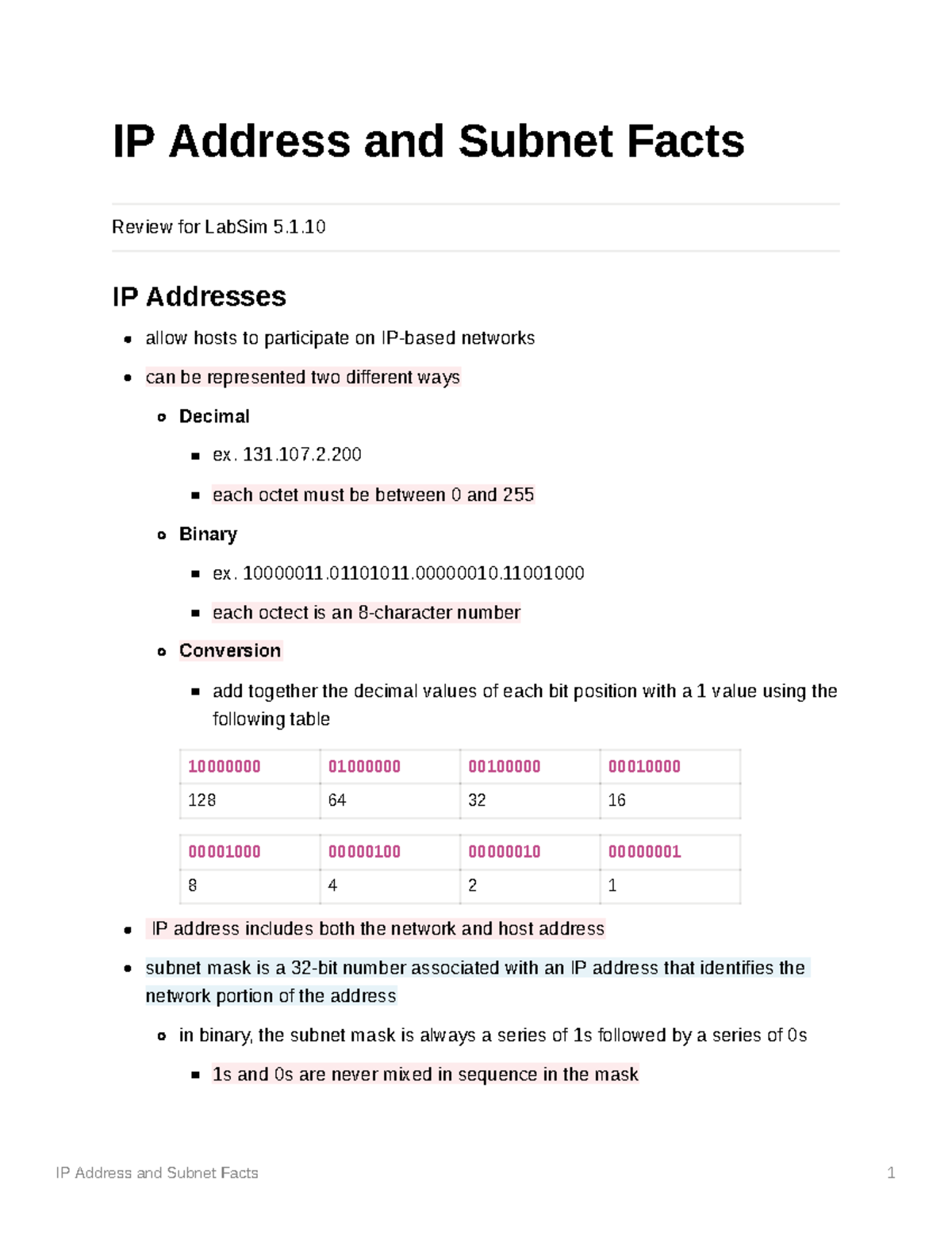 IP Address and Subnet Facts - IP Address and Subnet Facts Review for ...