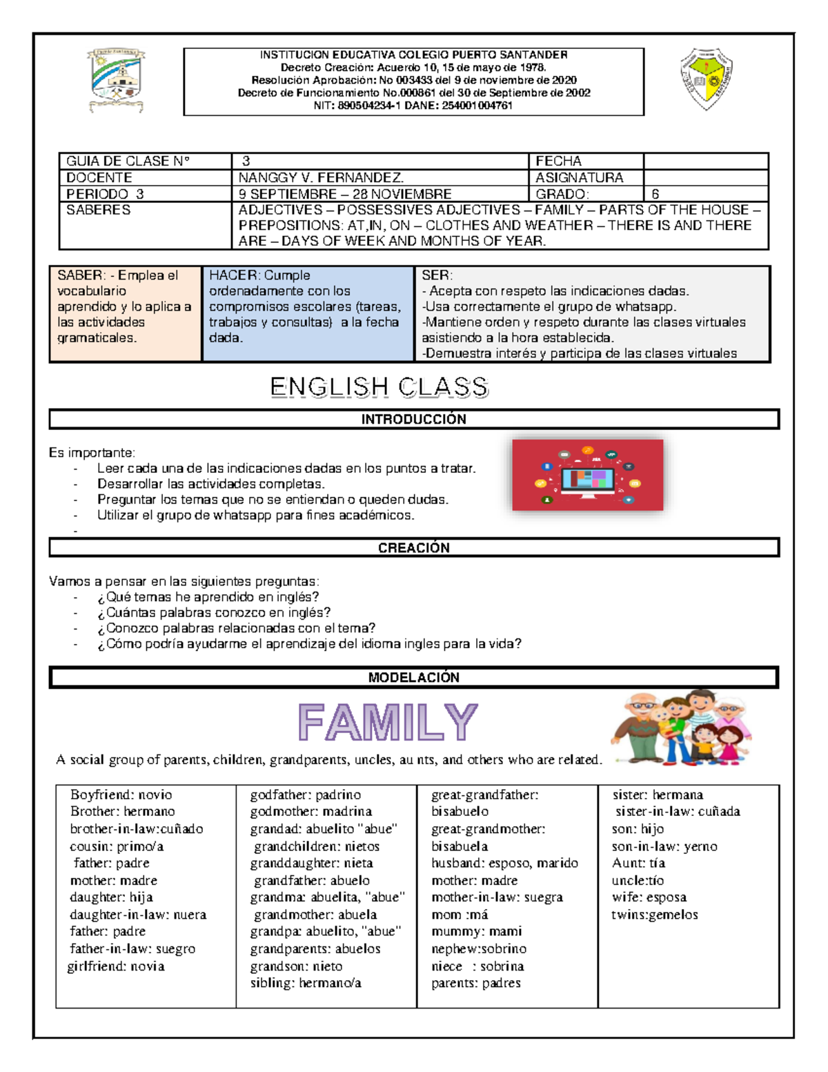 GUIA No, 4 The Family - Taller N de 1 - INSTITUCION EDUCATIVA COLEGIO ...
