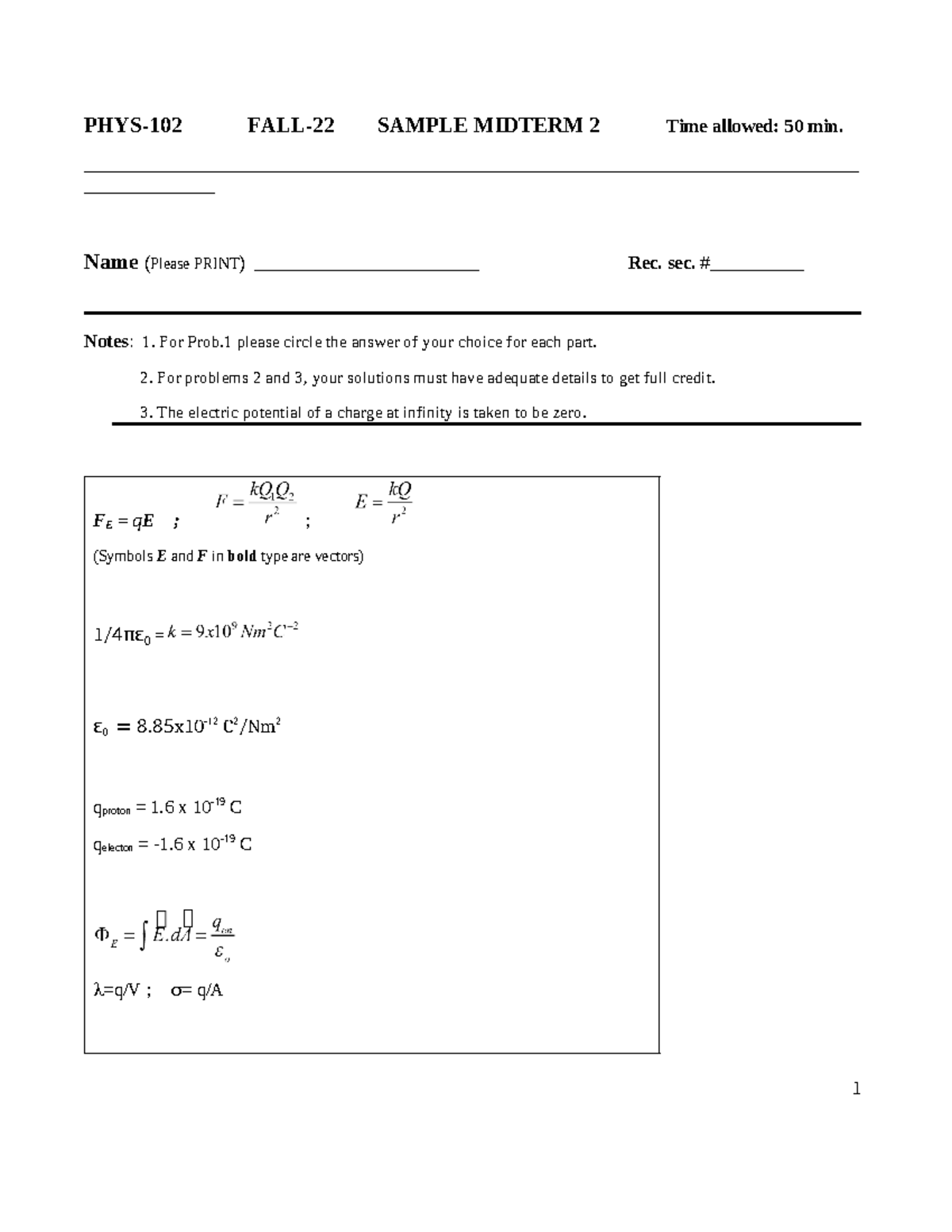 Physics 102 sample midterm 2 - PHYS-102 FALL-22 SAMPLE MIDTERM 2 Time allowed: 50 min. - Studocu