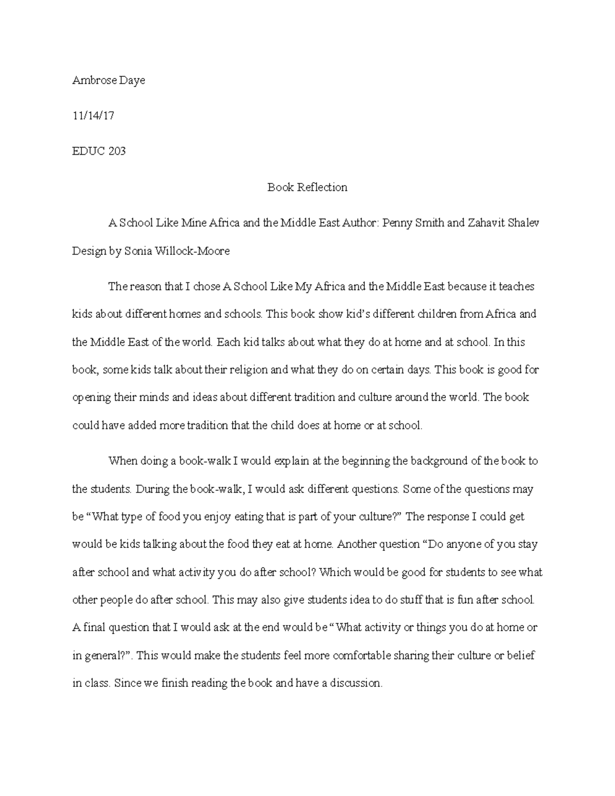 Book Reflection - Book report - Ambrose Daye 11/14/ EDUC 203 Book ...