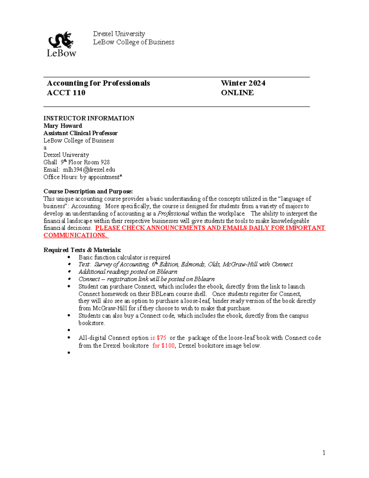 Acct110 syl - accounting - LeBow College of Business Accounting for ...