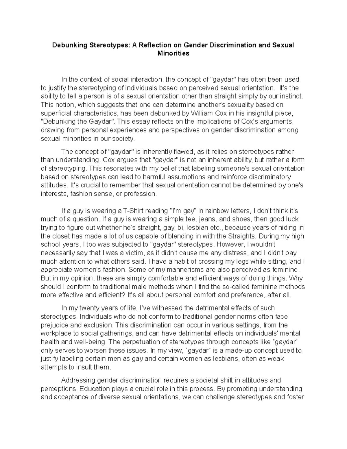 Gaydar Reflection - Debunking Stereotypes: A Reflection on Gender ...