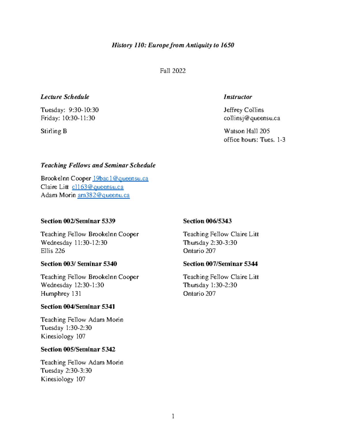 History syllabus - History 110: Europe from Antiquity to 1650 Fall 2022 ...