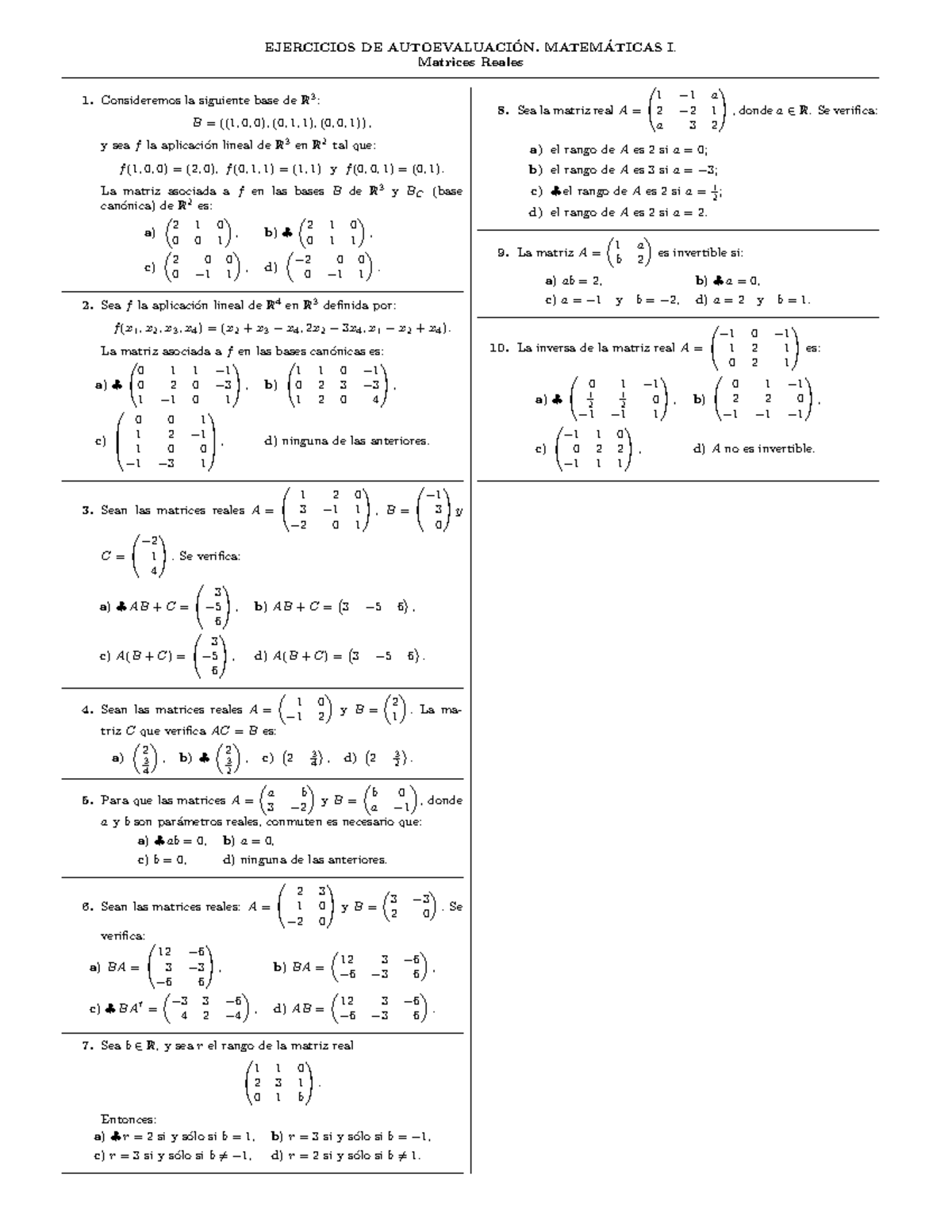 Tema 3 - Matrices (respuestas correctas) - EJERCICIOS DE AUTOEVALUACION. MATEM ́ ATICAS I ́ ...