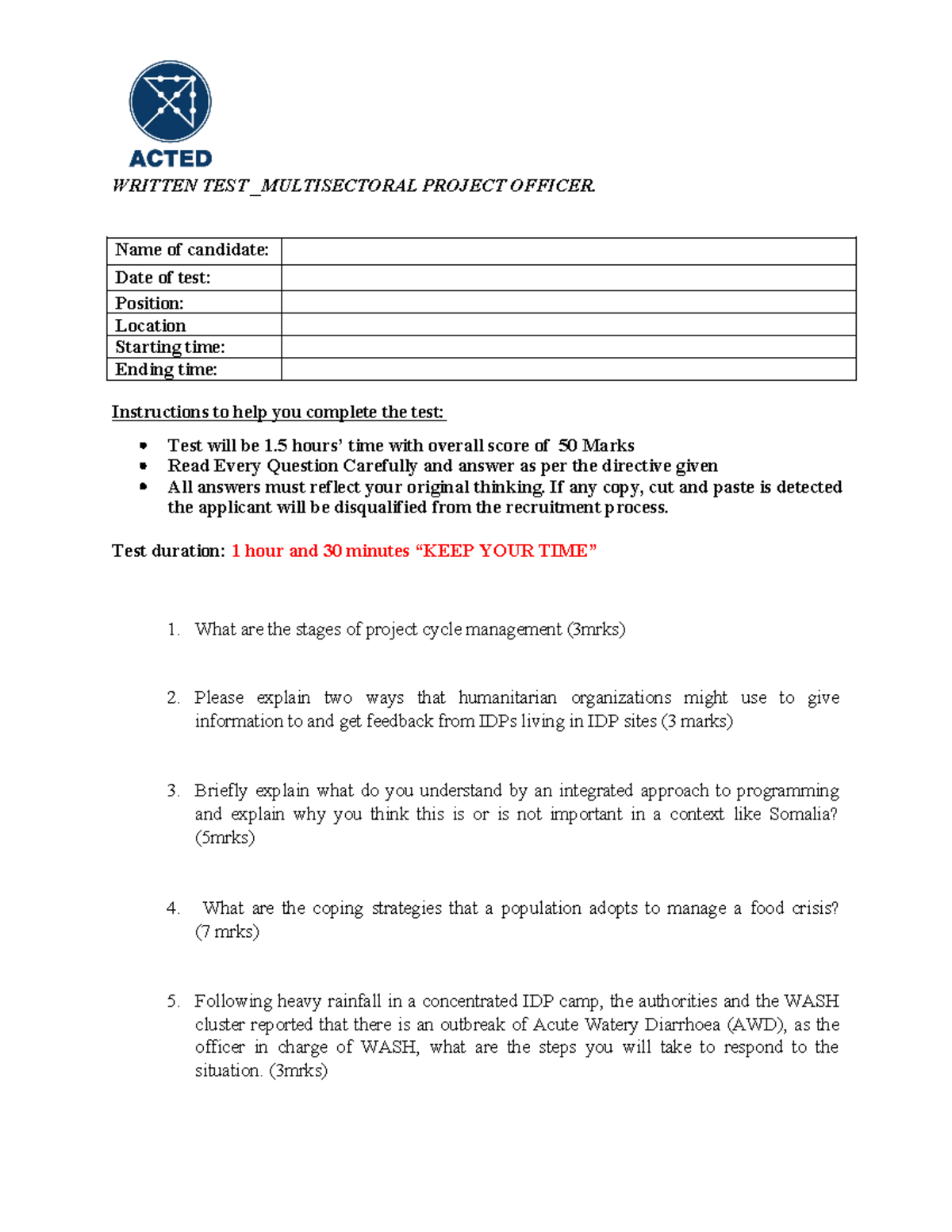 Written TEST- Multisectoral Project Officer - WRITTEN TEST ...