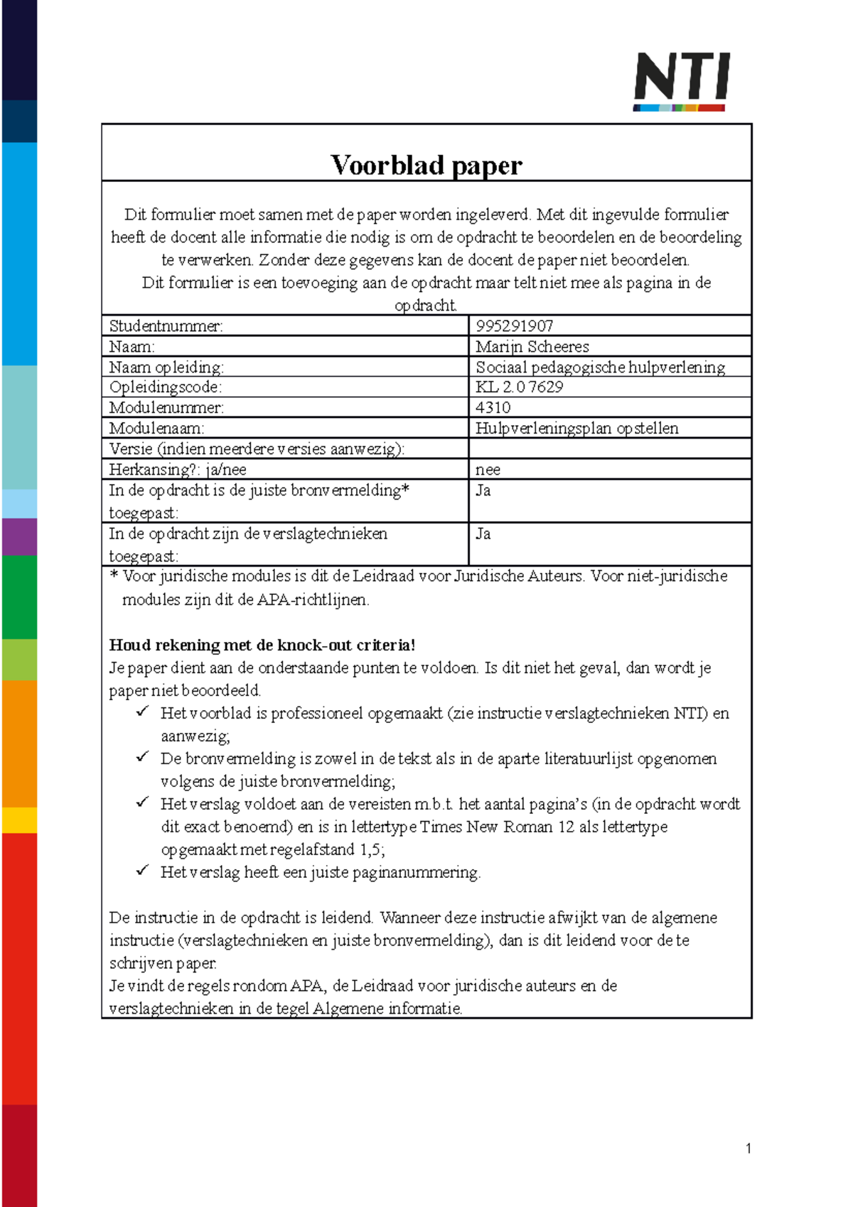Paper Hulpverleningsplan opstellen - Voorblad paper Dit formulier moet ...