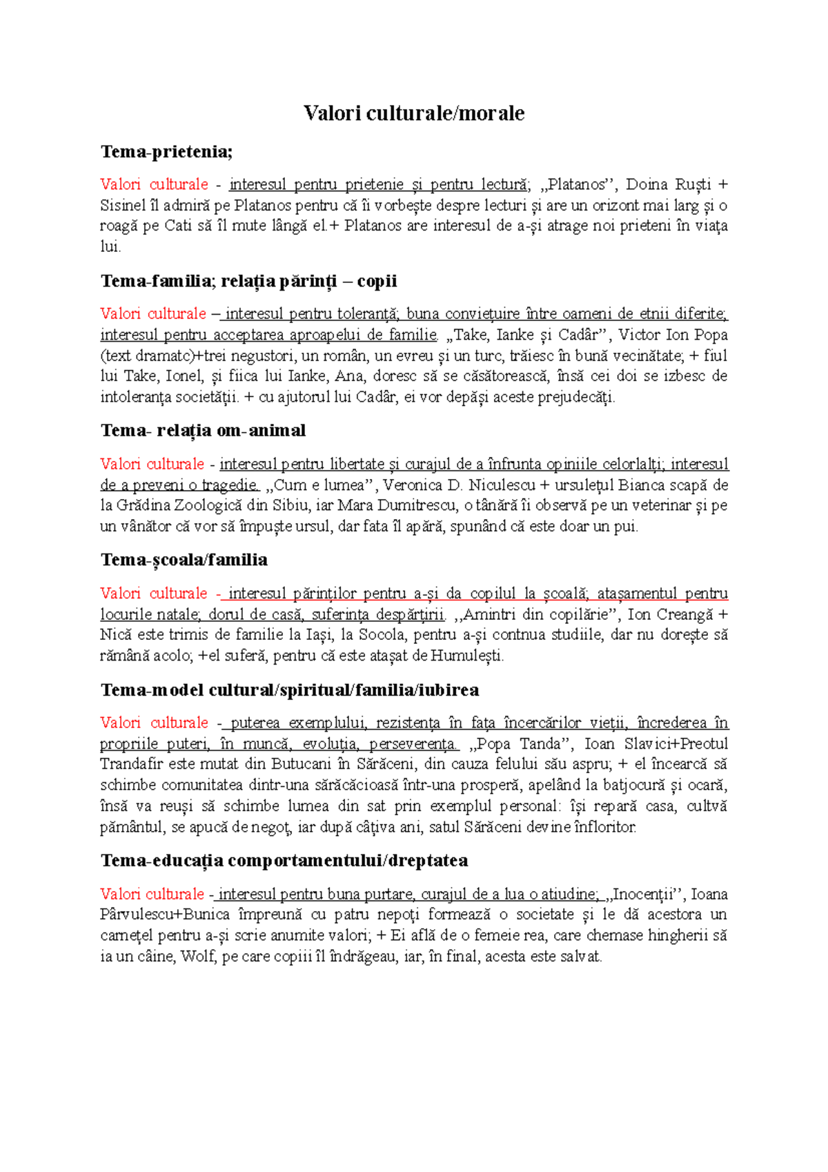 Valori Culturale SI Morale - Valori culturale/morale Tema-prietenia ...