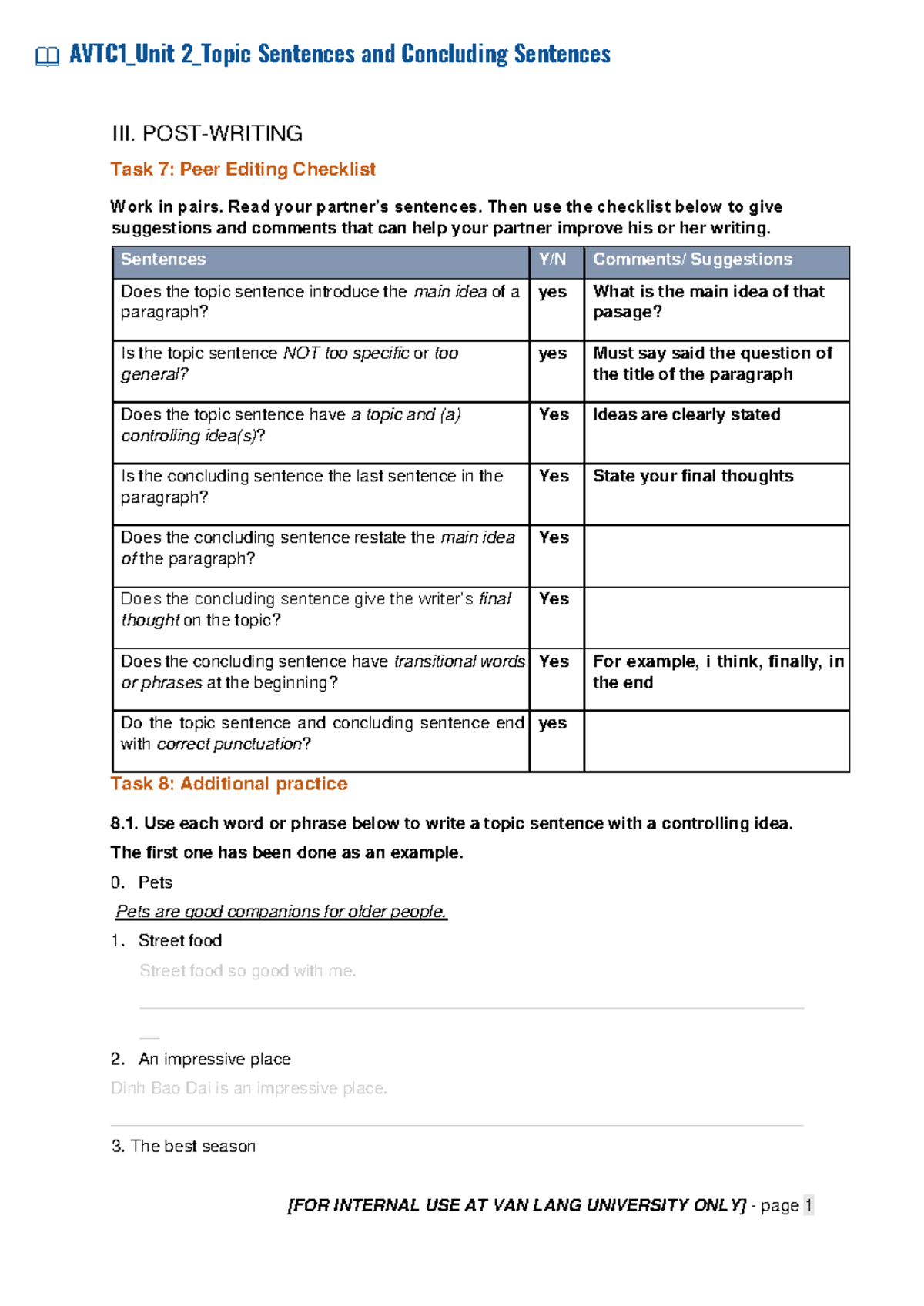 [Official] AVTC1 - Unit 2 - Topic sentences and concluding sentences ...