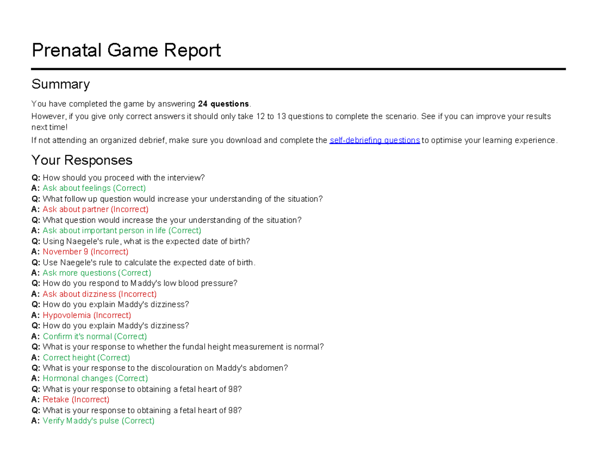 Prenatal game report - Sims work - Prenatal Game Report Summary You ...