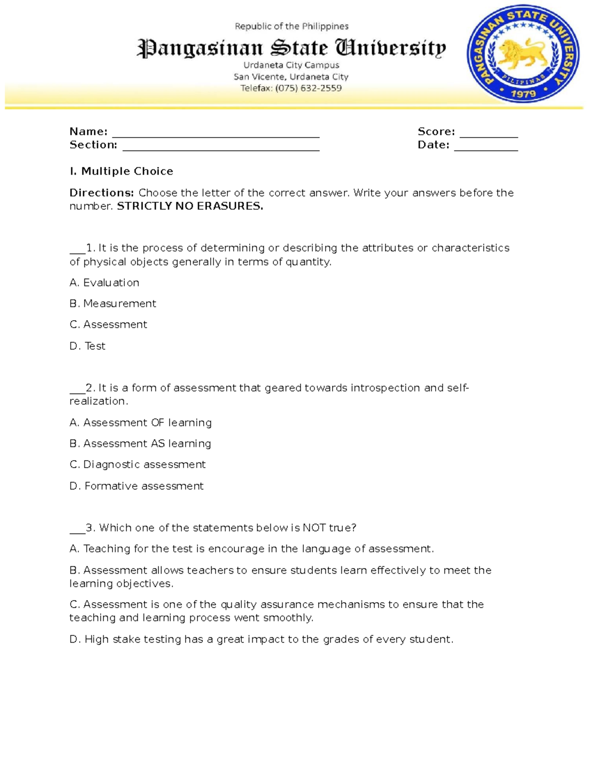 SAMPLE EXAM assessment - Name ...