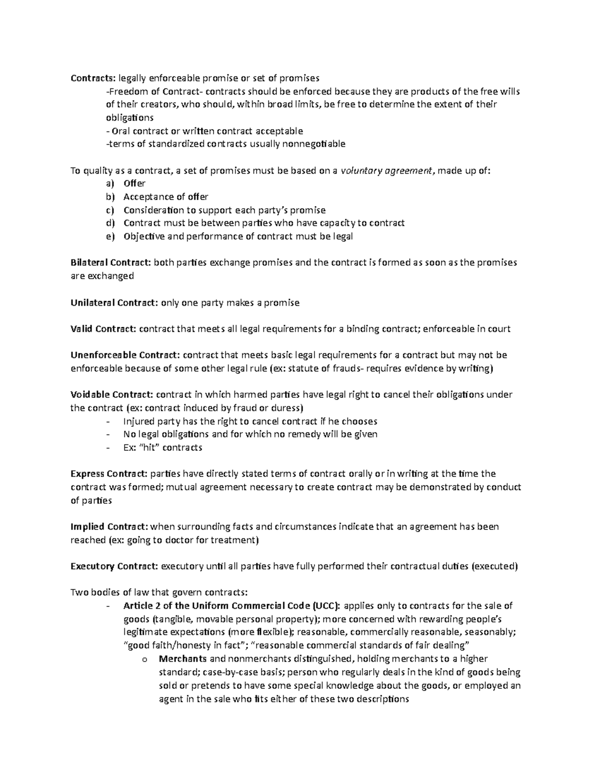 Contracts Part I - Contracts: legally enforceable promise or set of ...