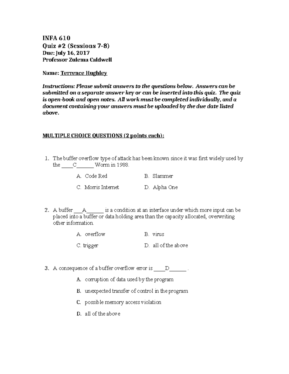 Docx-4 - Exam - INFA 610 Quiz #2 (Sessions 7-8) Due: July 16, 2017 ...
