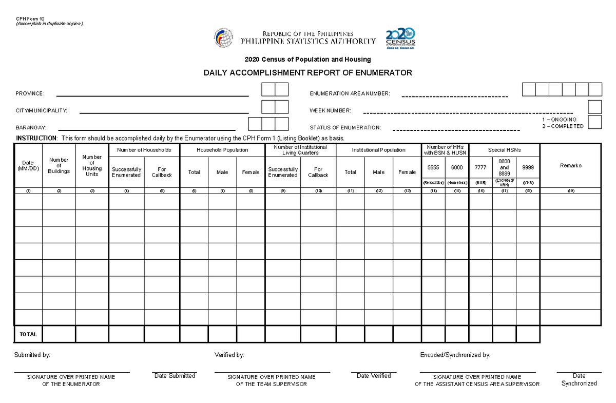 CPH Form 10 Daily Accomplishment Report of the Enumerator - CPH Form 10 (Accomplish in duplicate ...