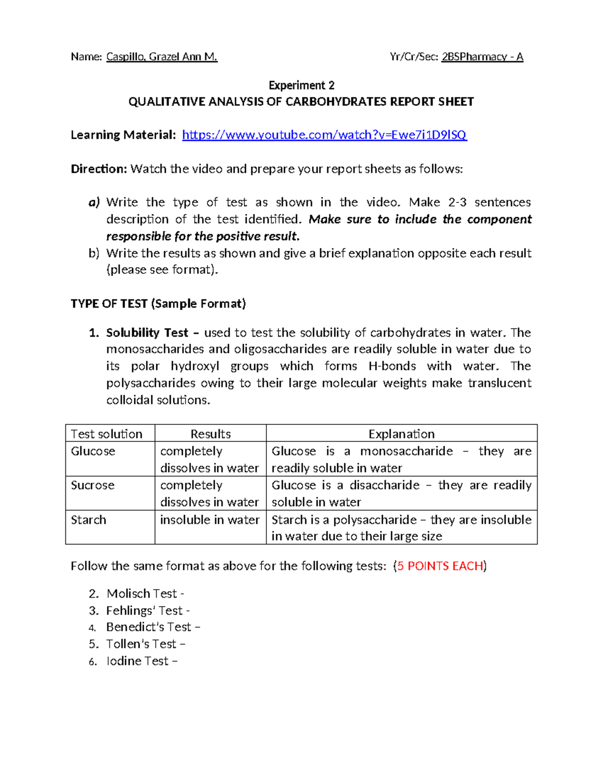 Qualitative Test for Carbohydrates - Name: Caspillo, Grazel Ann M. Yr ...