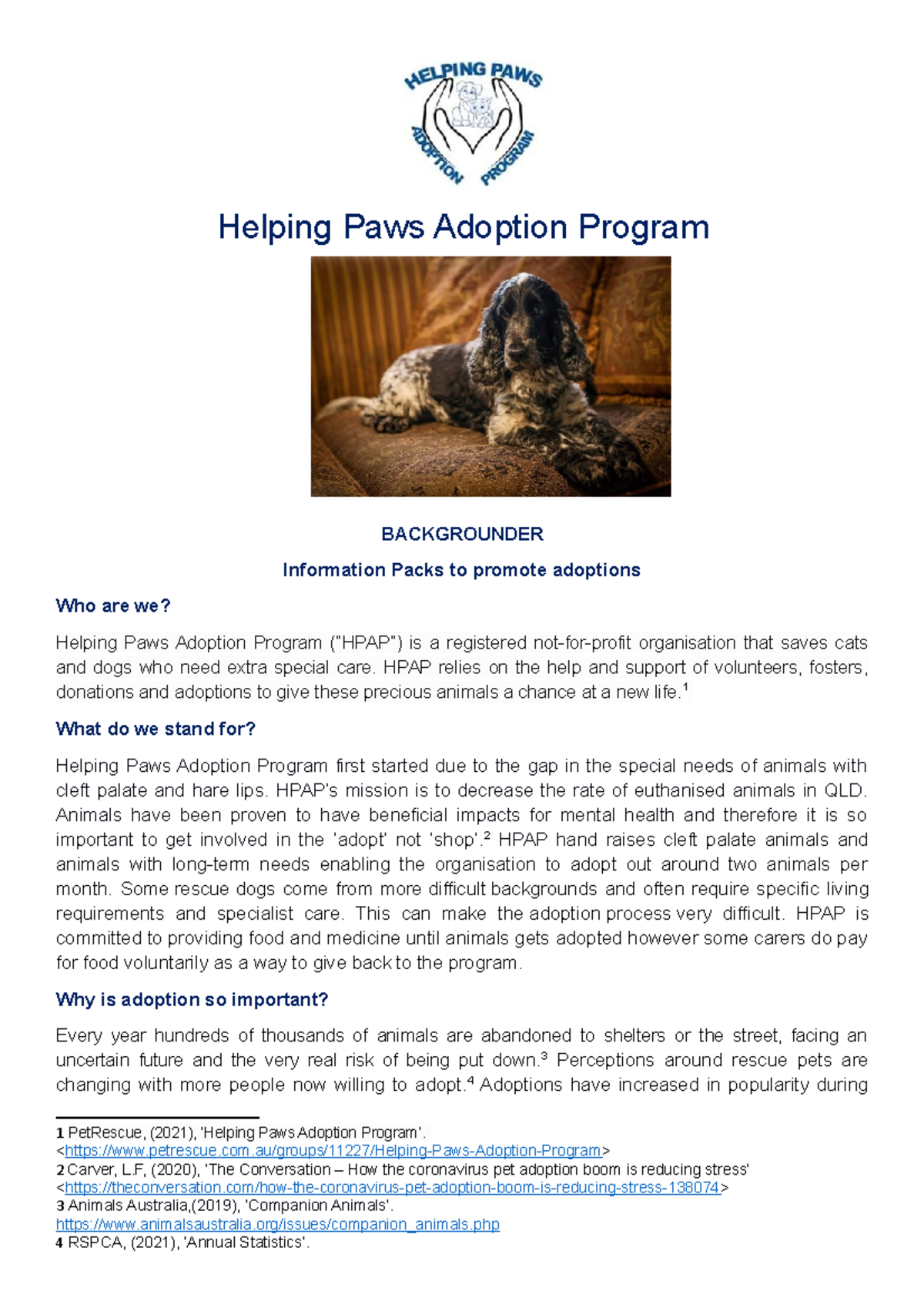 Backgrounder - Helping Paws Adoption Program - Helping Paws Adoption Program BACKGROUNDER - Studocu