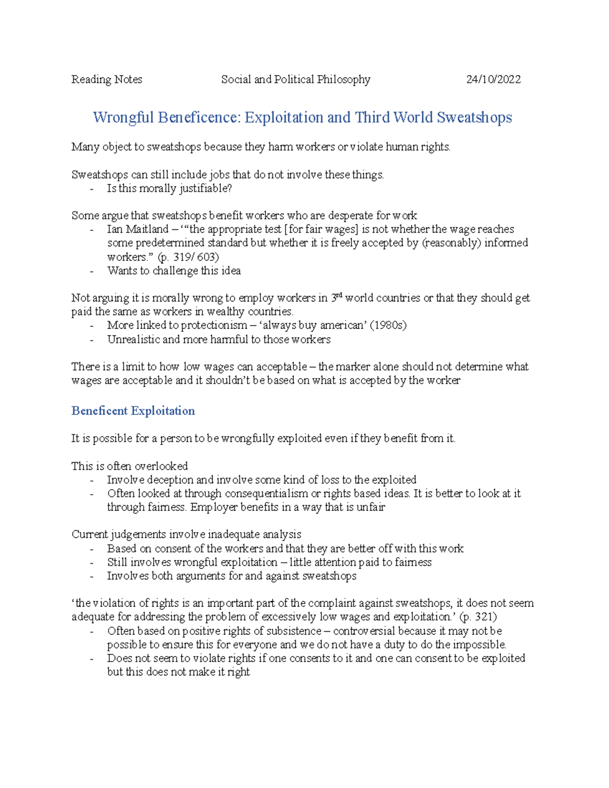 Wrongful Beneficence- Exploitation and Third World Sweatshops - Notes ...