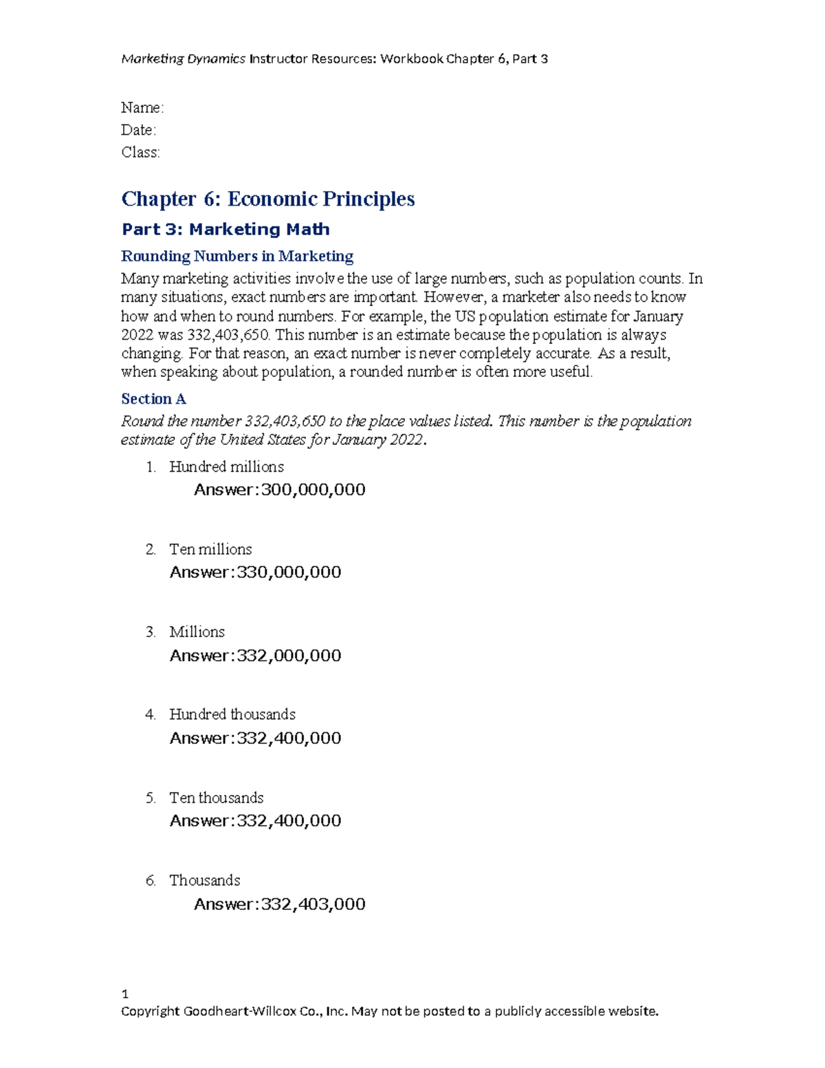 CH. 6 Economics Workbook PART 3 - Marketing Dynamics Instructor ...