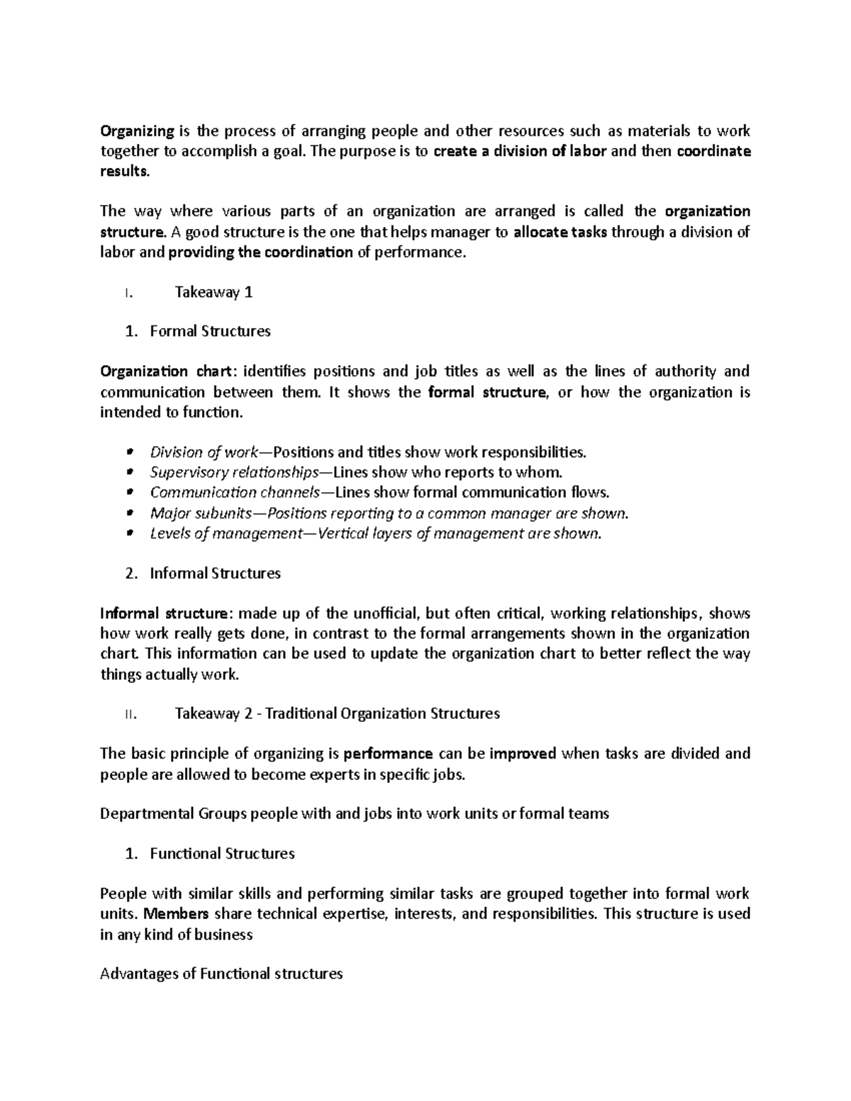 Chapter 11 summary - Organizing is the process of arranging people and ...