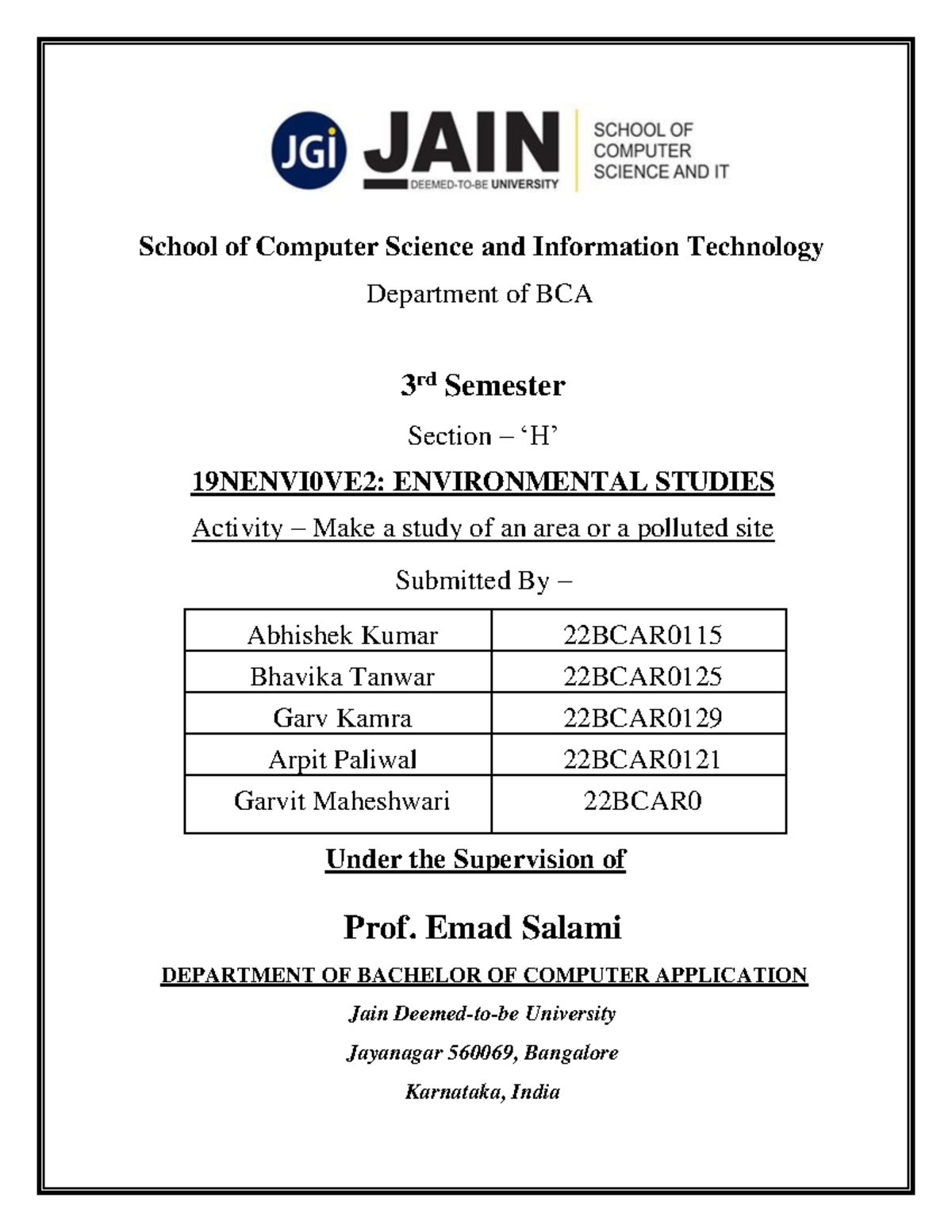 EVS Activity - School of Computer Science and Information Technology Department of BCA 3 rd ...