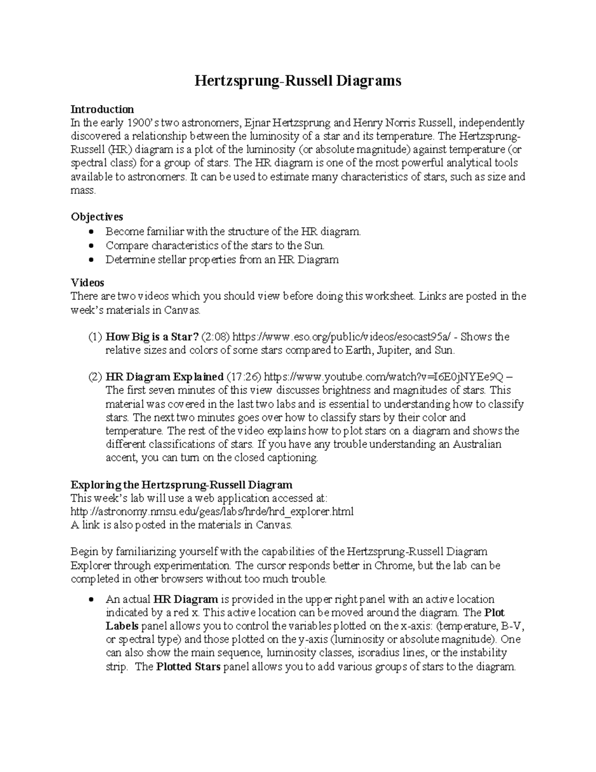 HR Diagram 1 - Astronomy 1010 lab for the fall 2022 semester ...